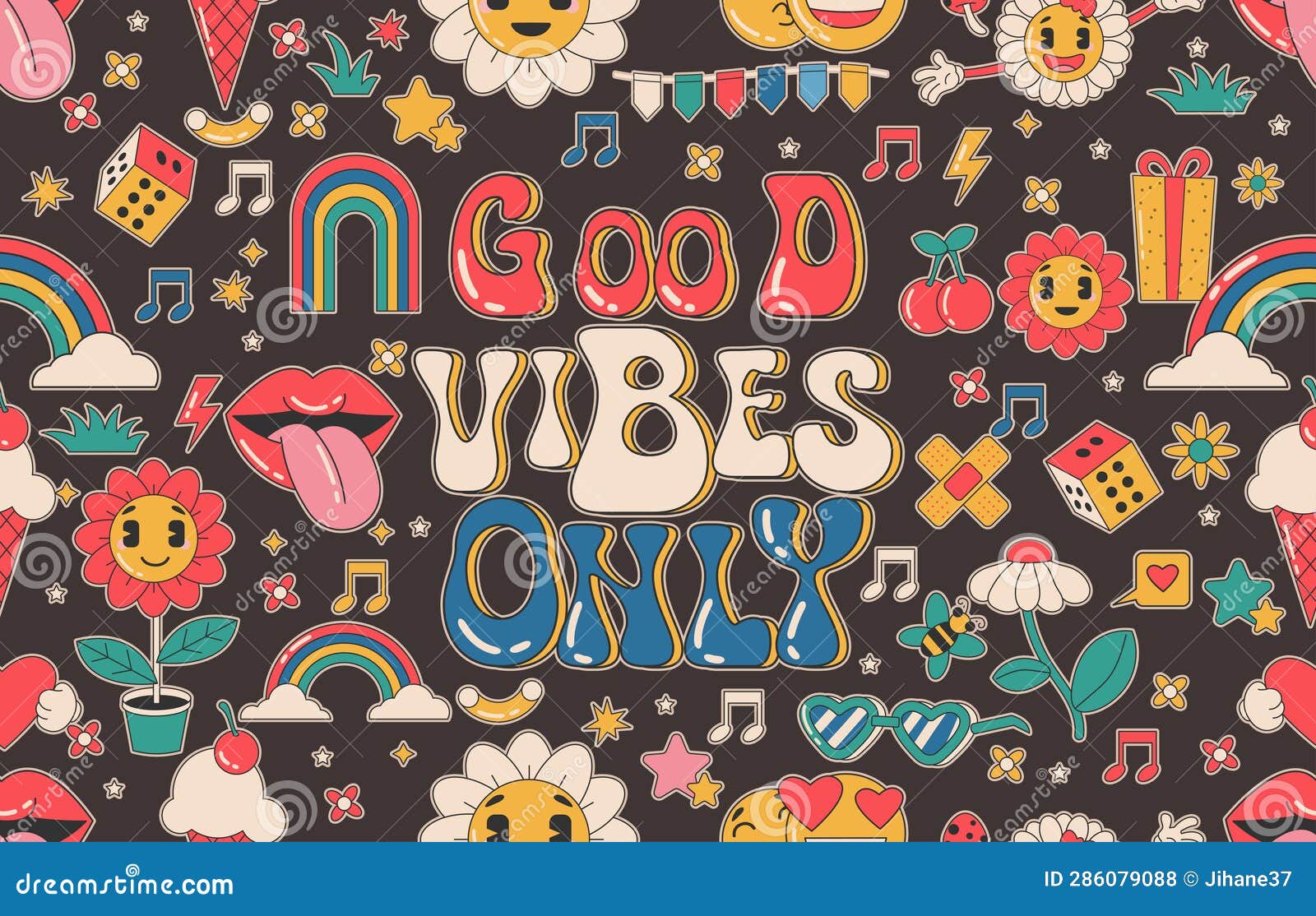 Seamless Pattern of Cartoon Groovy Stickers 70s with Hippie Style Stock ...