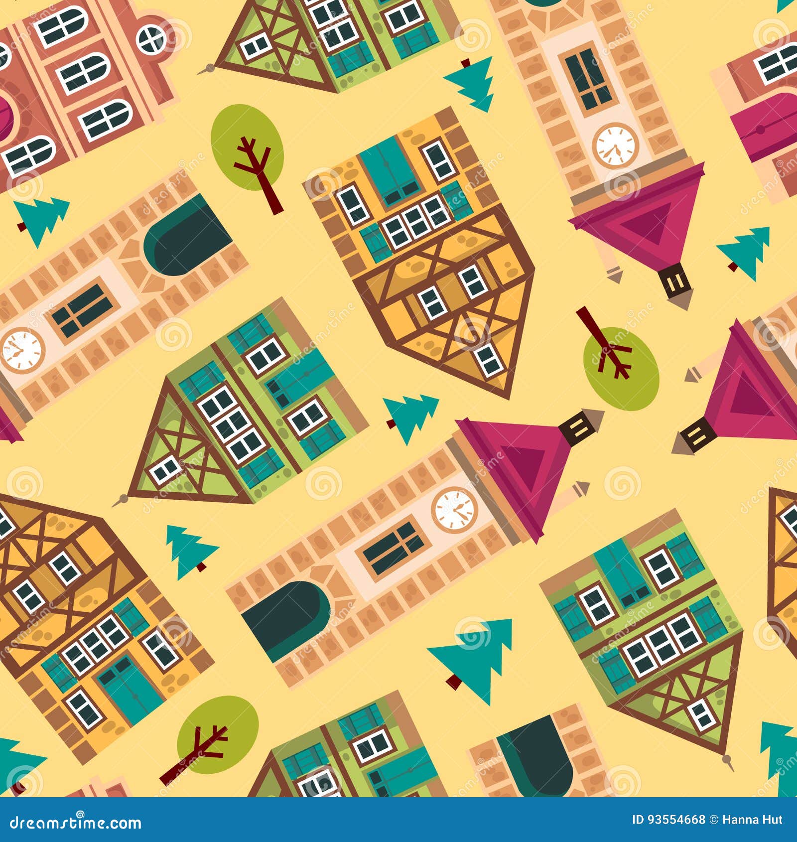 Seamless Pattern of Cartoon Houses and Trees. Stock Vector ...