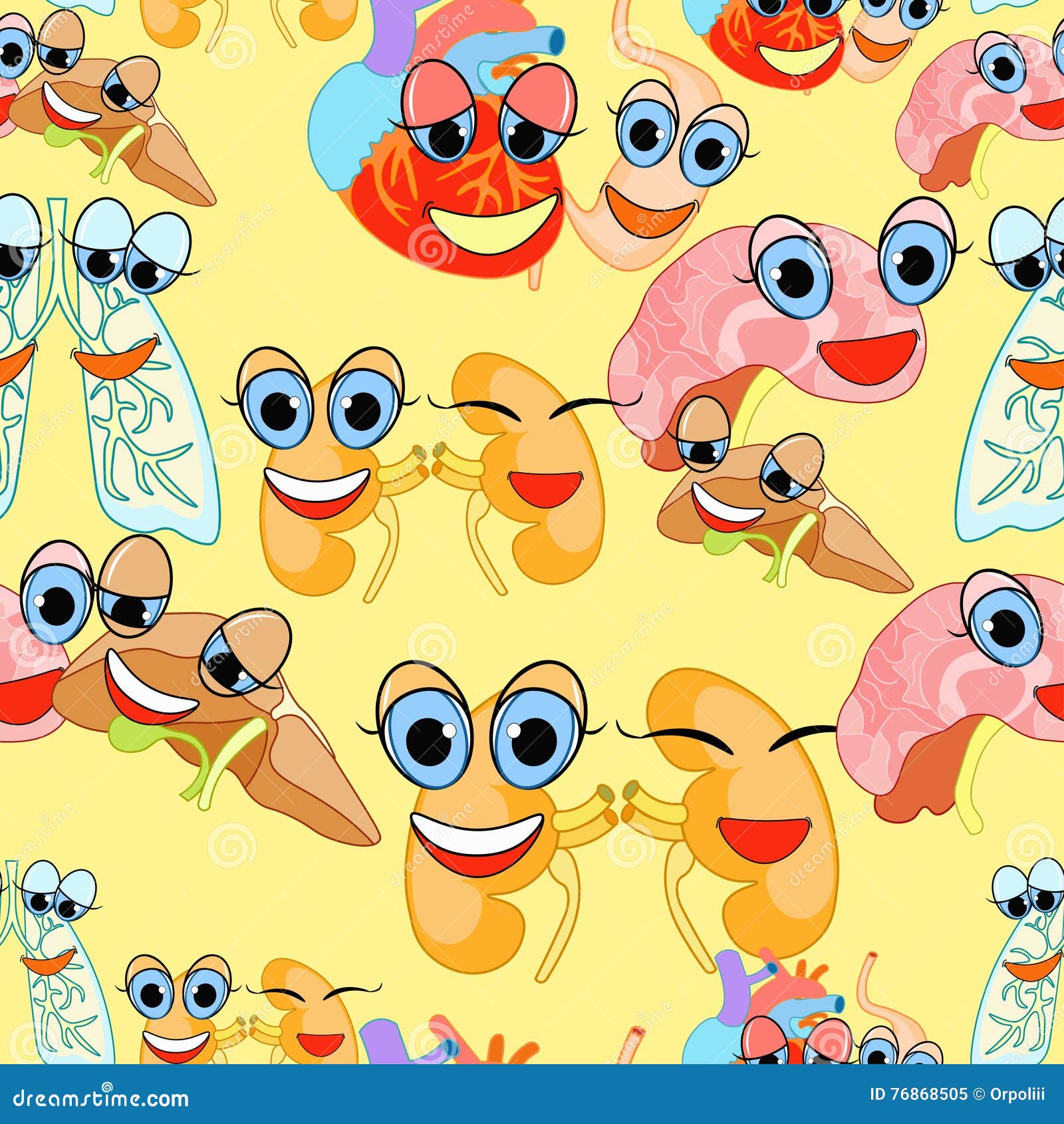 Seamless Pattern with Cartoon Human Organs on a Yellow Background ...