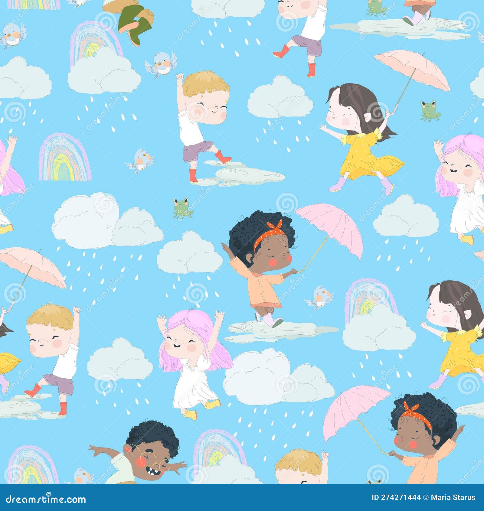 Seamless Pattern with Cartoon Kids Having Fun the Rain Stock Vector ...
