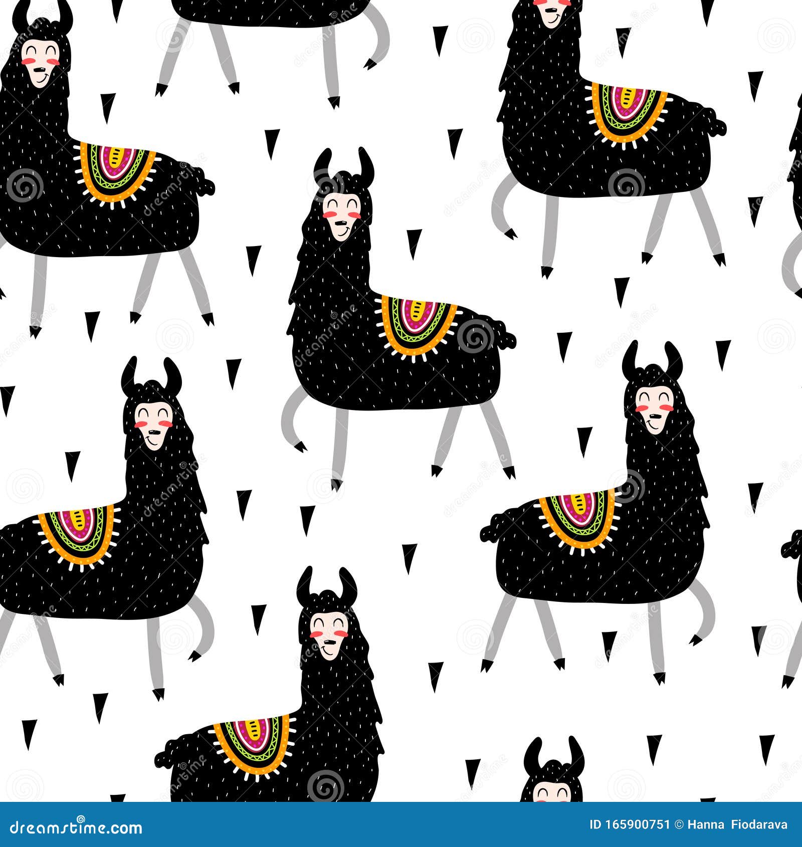 Seamless Pattern with Cartoon Lamas, Decor Elements. Flat Colorful ...