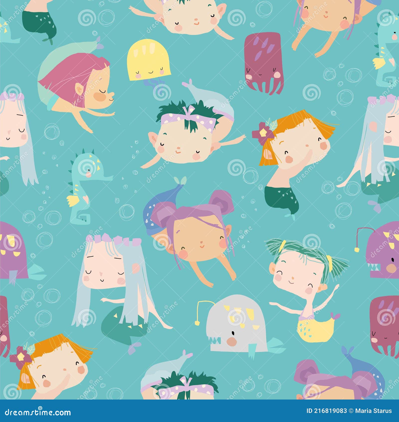 Seamless Pattern with Cartoon Little Mermaids on Blue Background Stock ...
