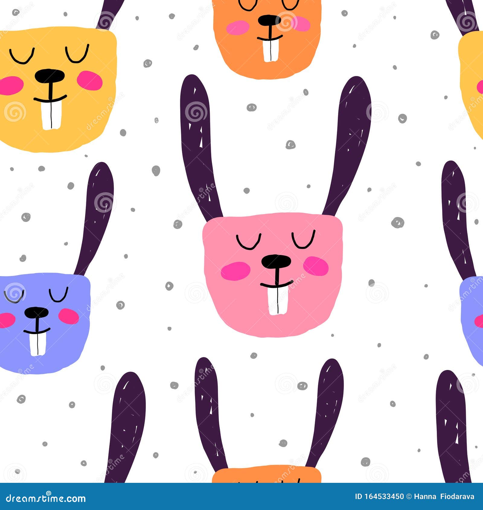 Seamless Pattern With Cartoon Rabbits Decor Elements Colorful Flat