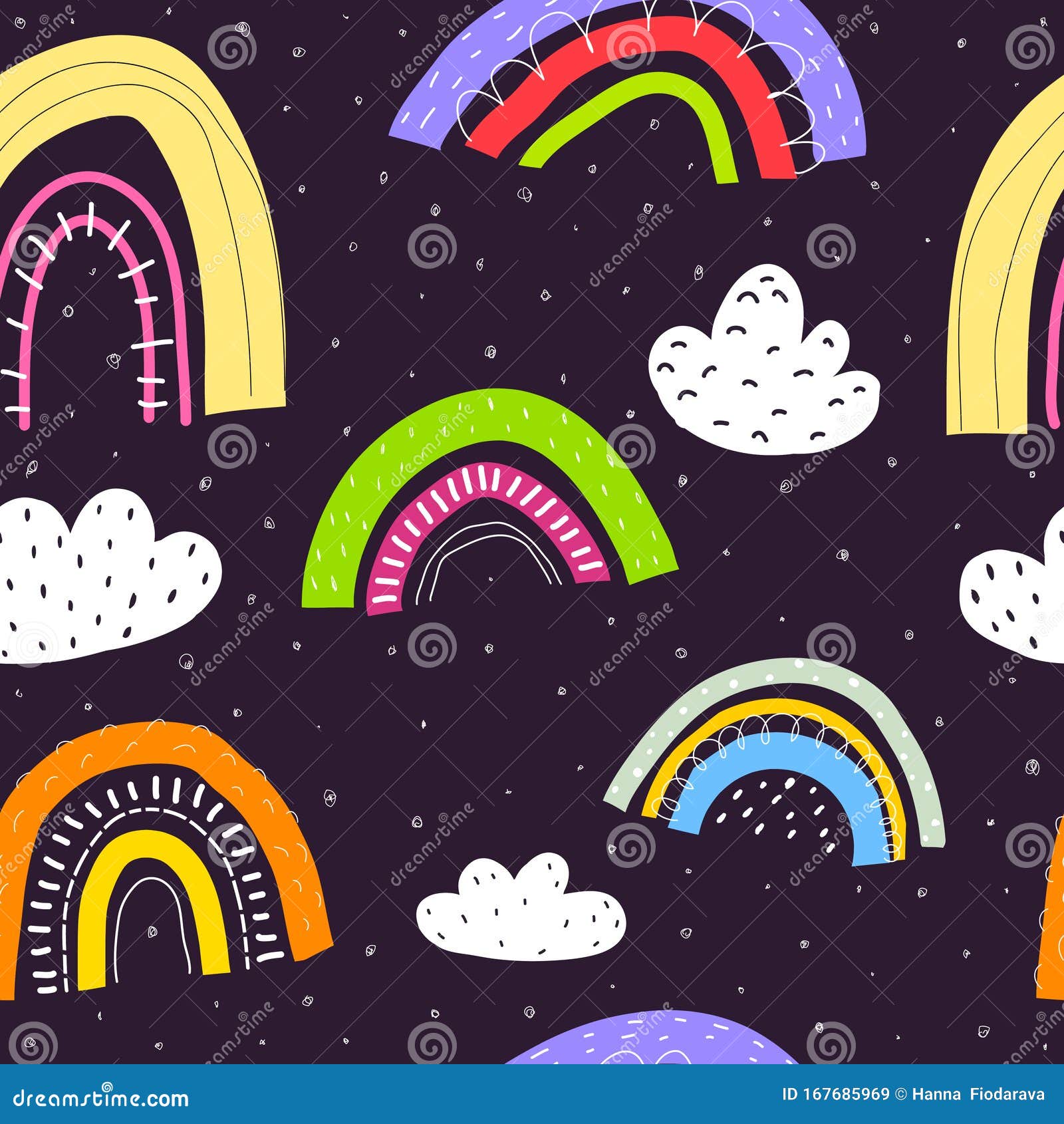 Seamless Pattern with Cartoon Rainbows, Clouds, Decor Elements on a ...