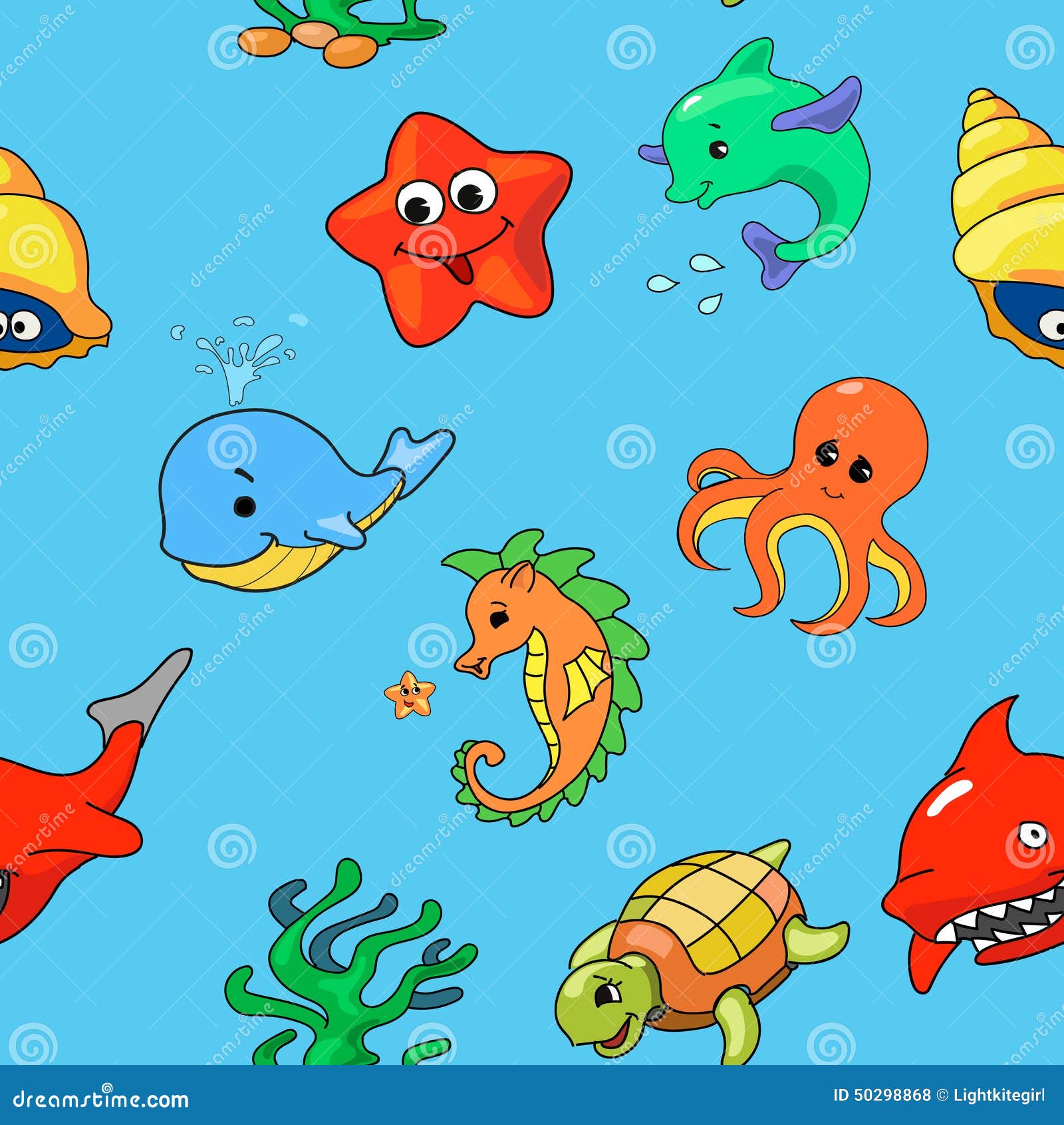 Seamless Pattern of Cartoon Sea Creatures, Vector Stock Vector ...