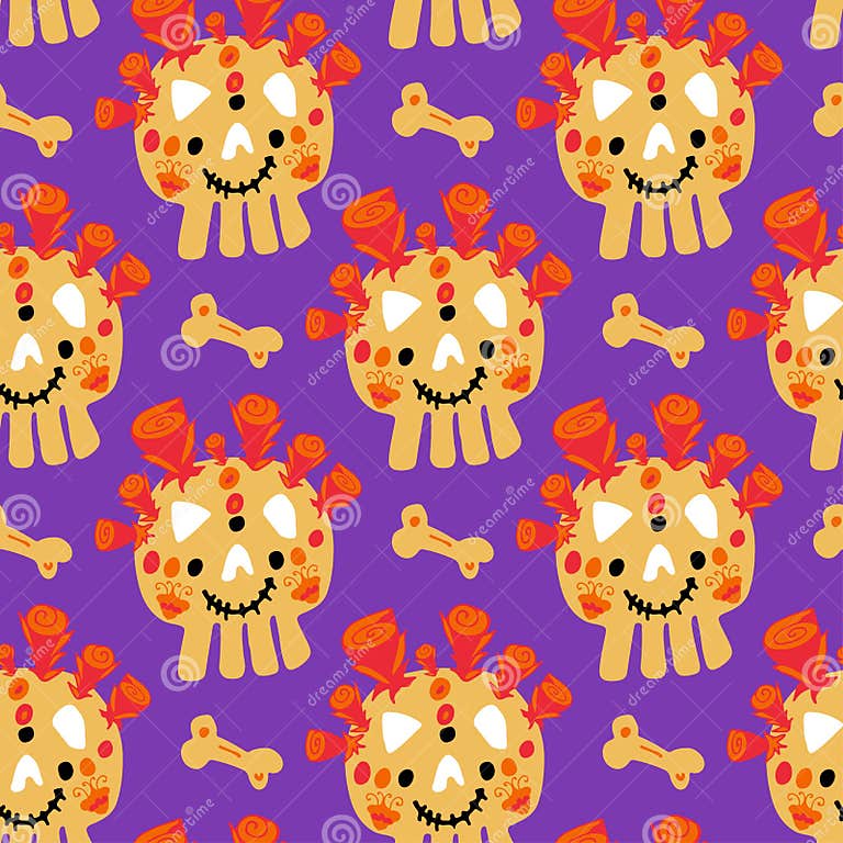 Seamless Pattern with Cartoon Style Skulls and Bones for the Day of the ...