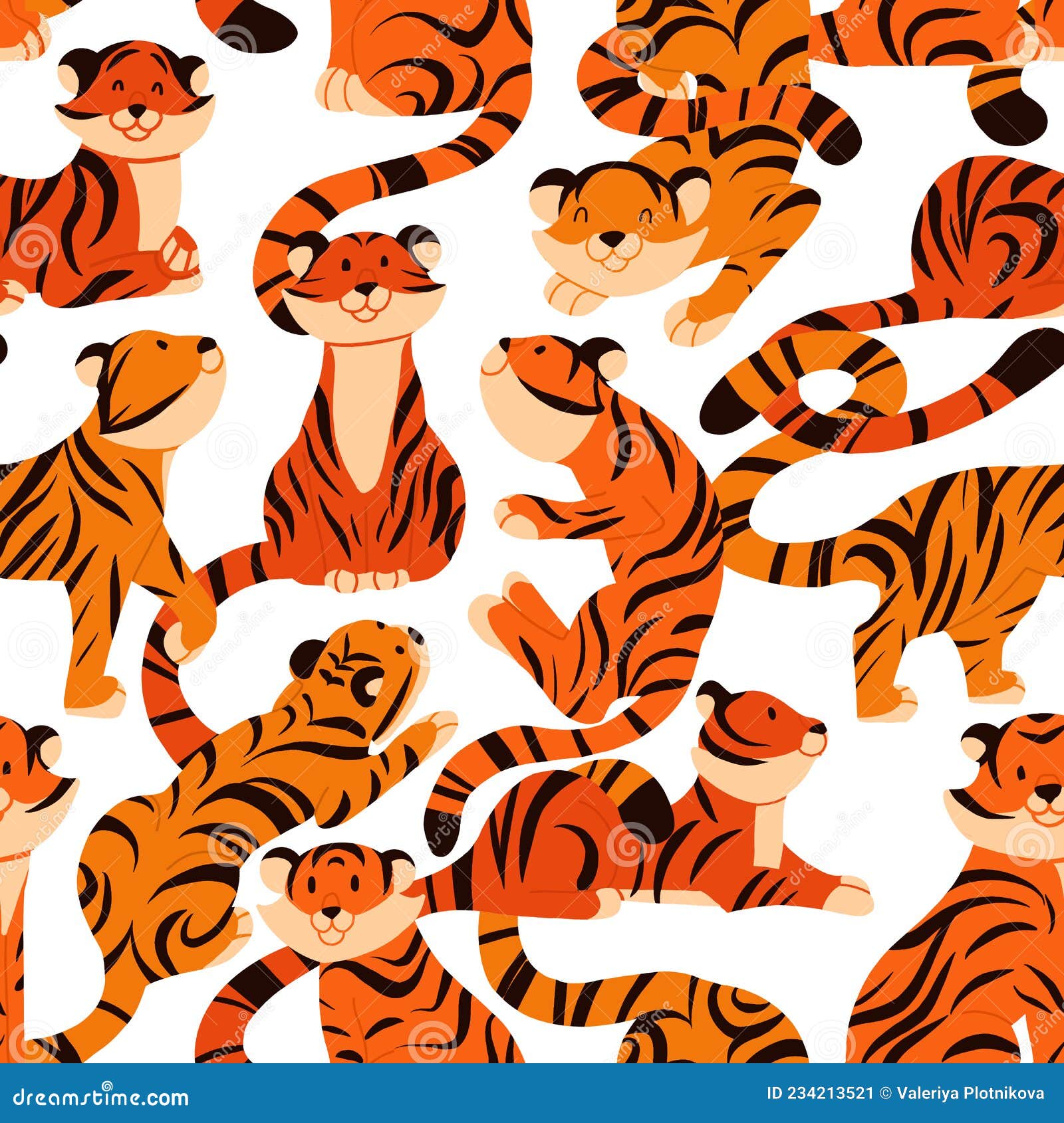 Seamless Pattern With Cartoon Tigers In Different Poses. Texture With ...