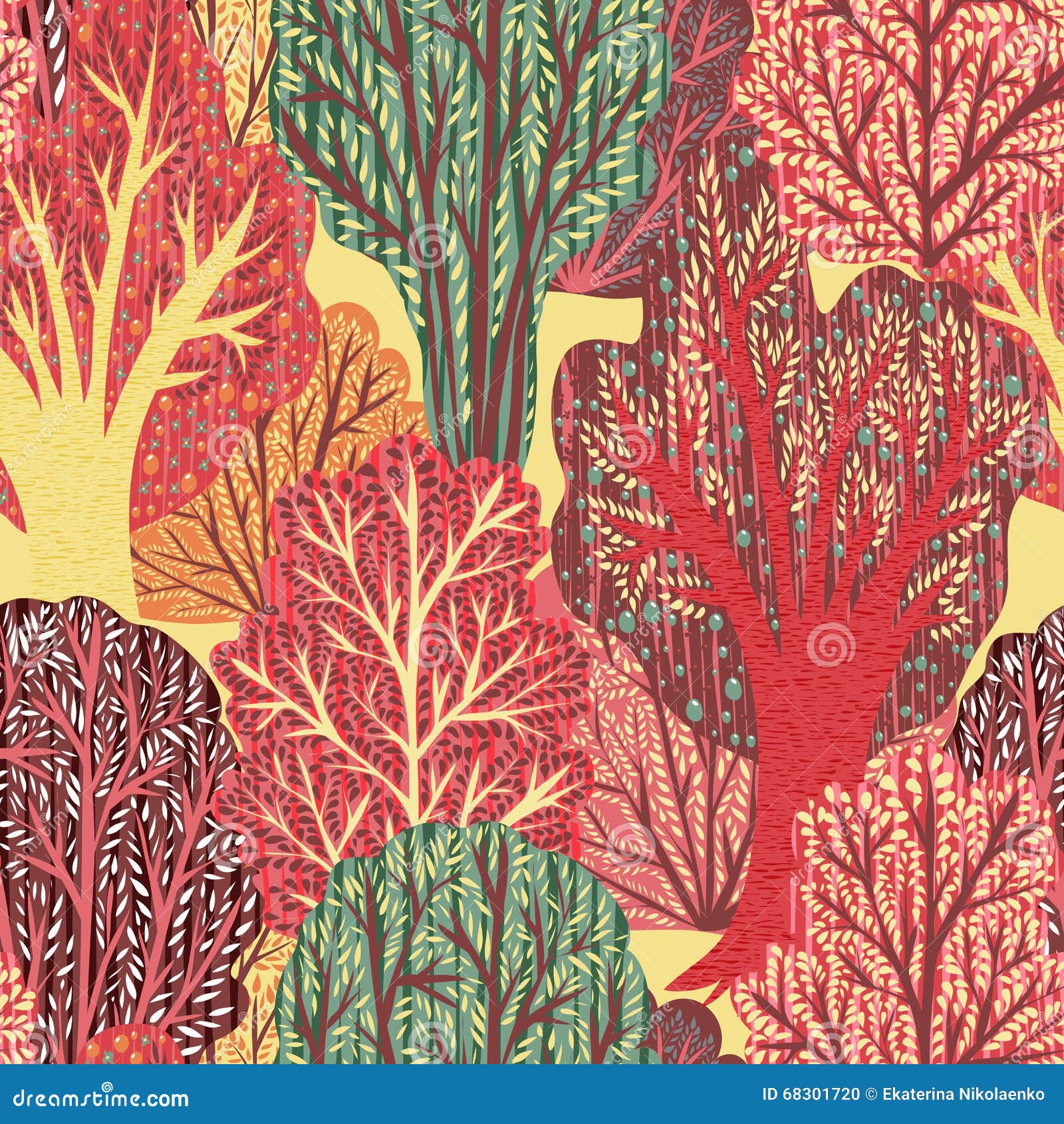 Seamless Pattern with Cartoon Trees. Retro Hand Drawn Vector Stock ...