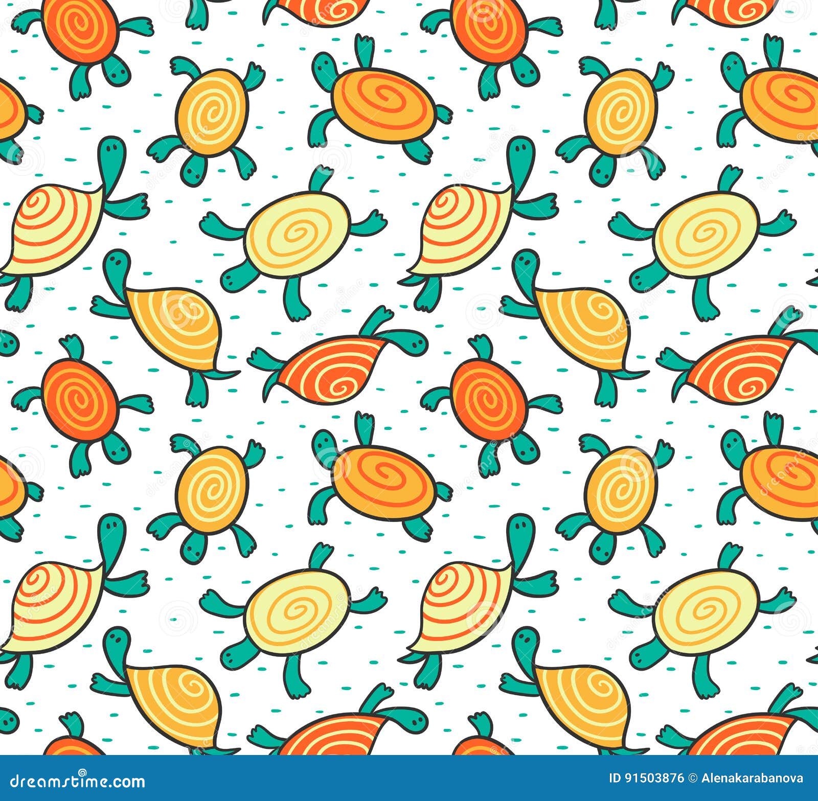 Seamless Pattern with Cartoon Turtles. Vector Hand Drawn Child Design ...