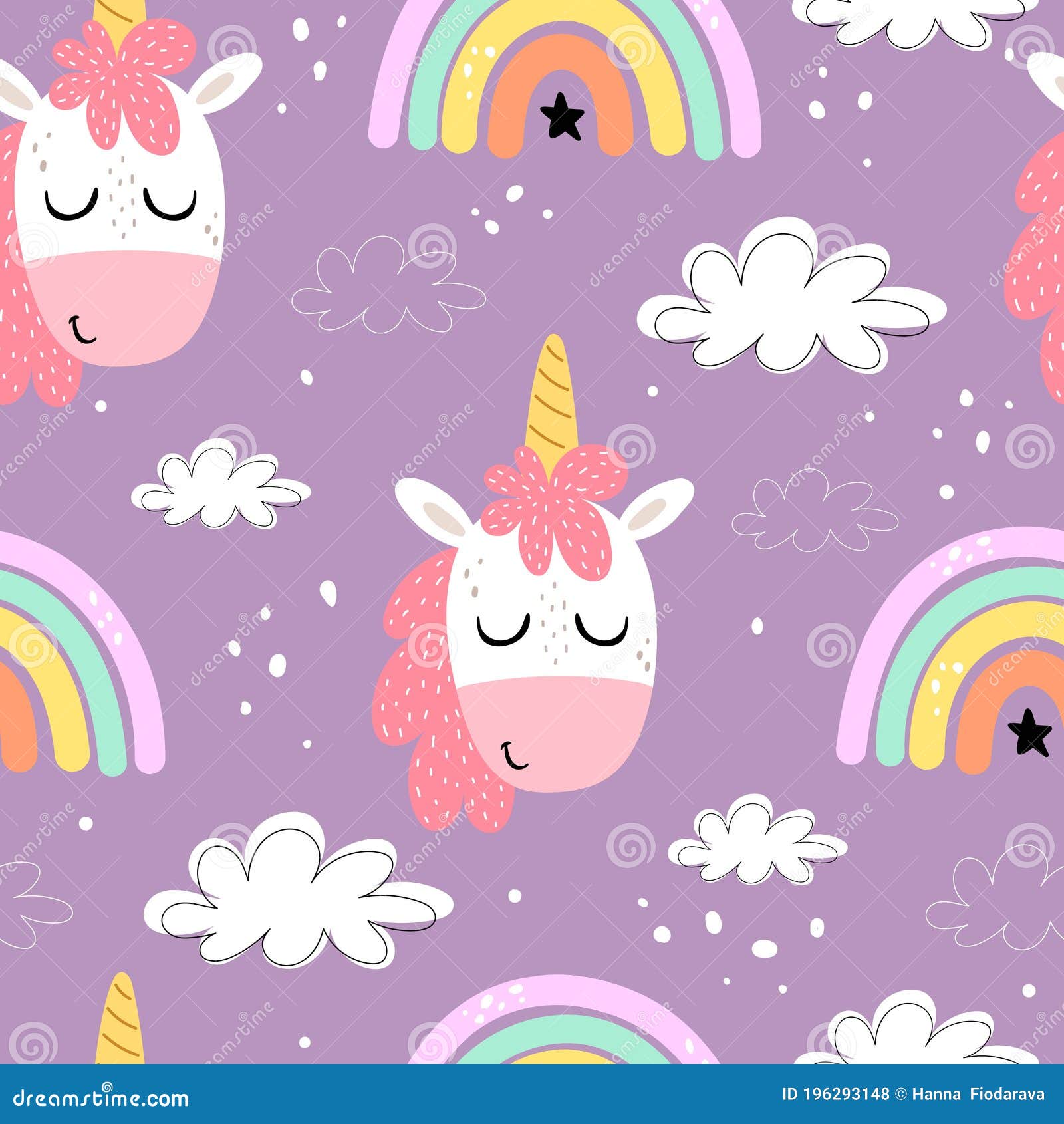 Seamless Pattern with Cartoon Unicorns, Rainbows, Clouds, Decor ...