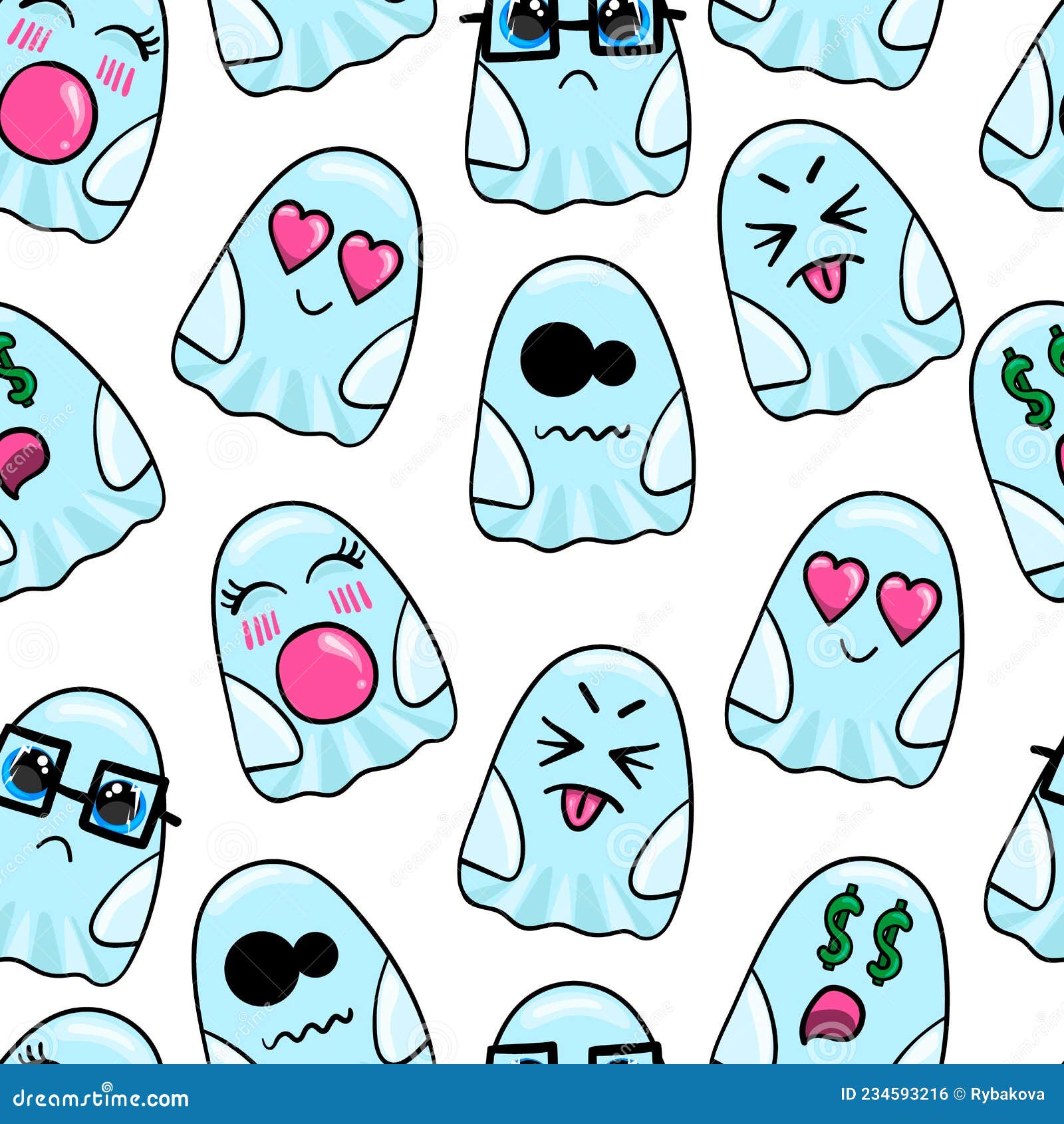 Seamless Pattern with Cartoon Vector Cute Ghosts Stock Illustration ...