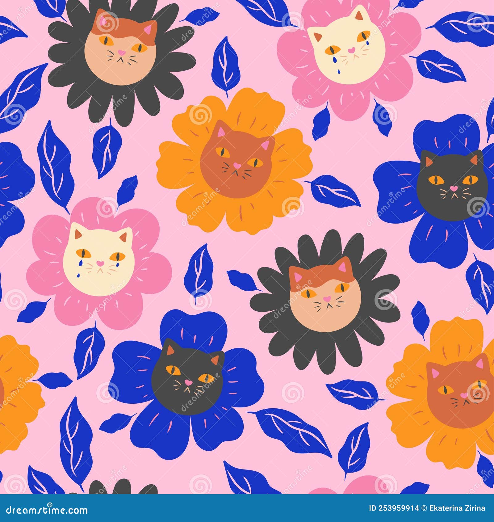 Seamless Pattern with Cat Faces and Flowers. Vector Graphics Stock ...