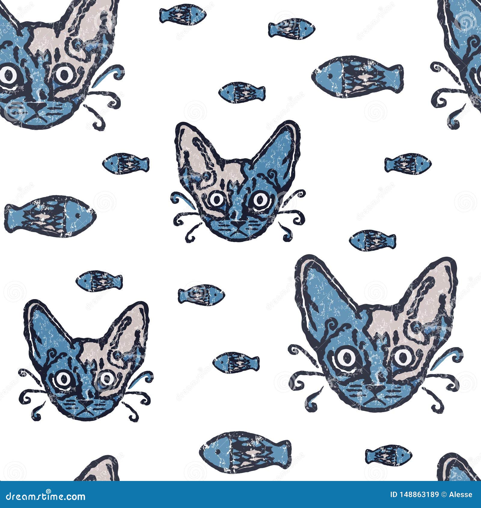 Seamless Pattern, Cat and Fish Stock Illustration - Illustration of ...
