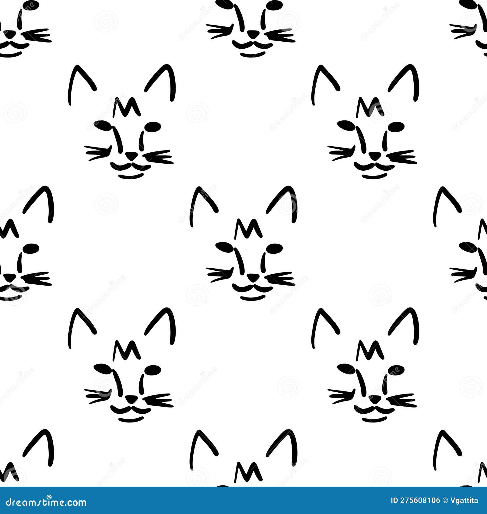 Seamless Pattern with Cat Head Illustration in Minimalist Outline Style ...