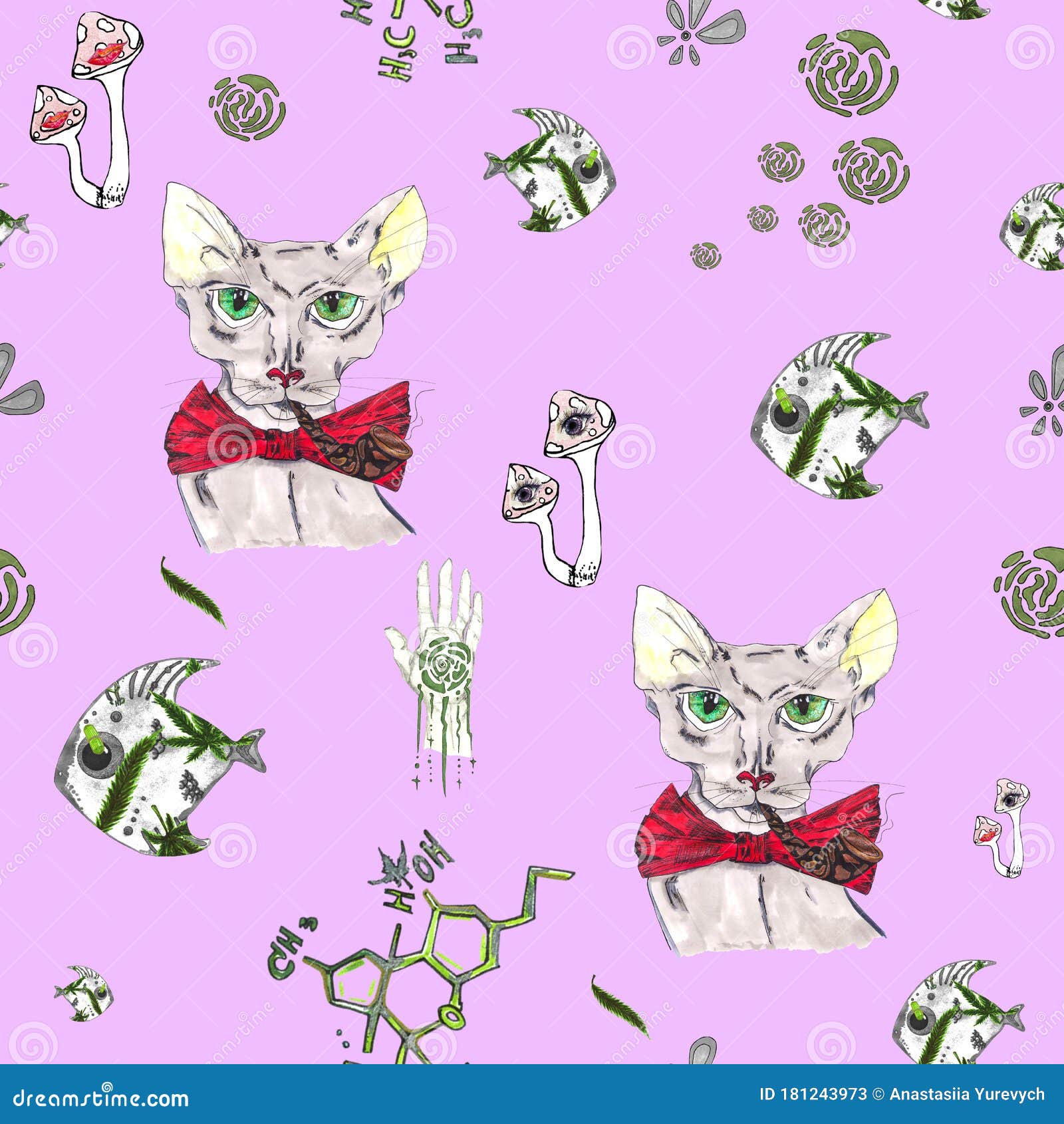 Seamless Pattern. Cat with a Pipe, Canabis Fish, Formulas, Fly Agaric ...