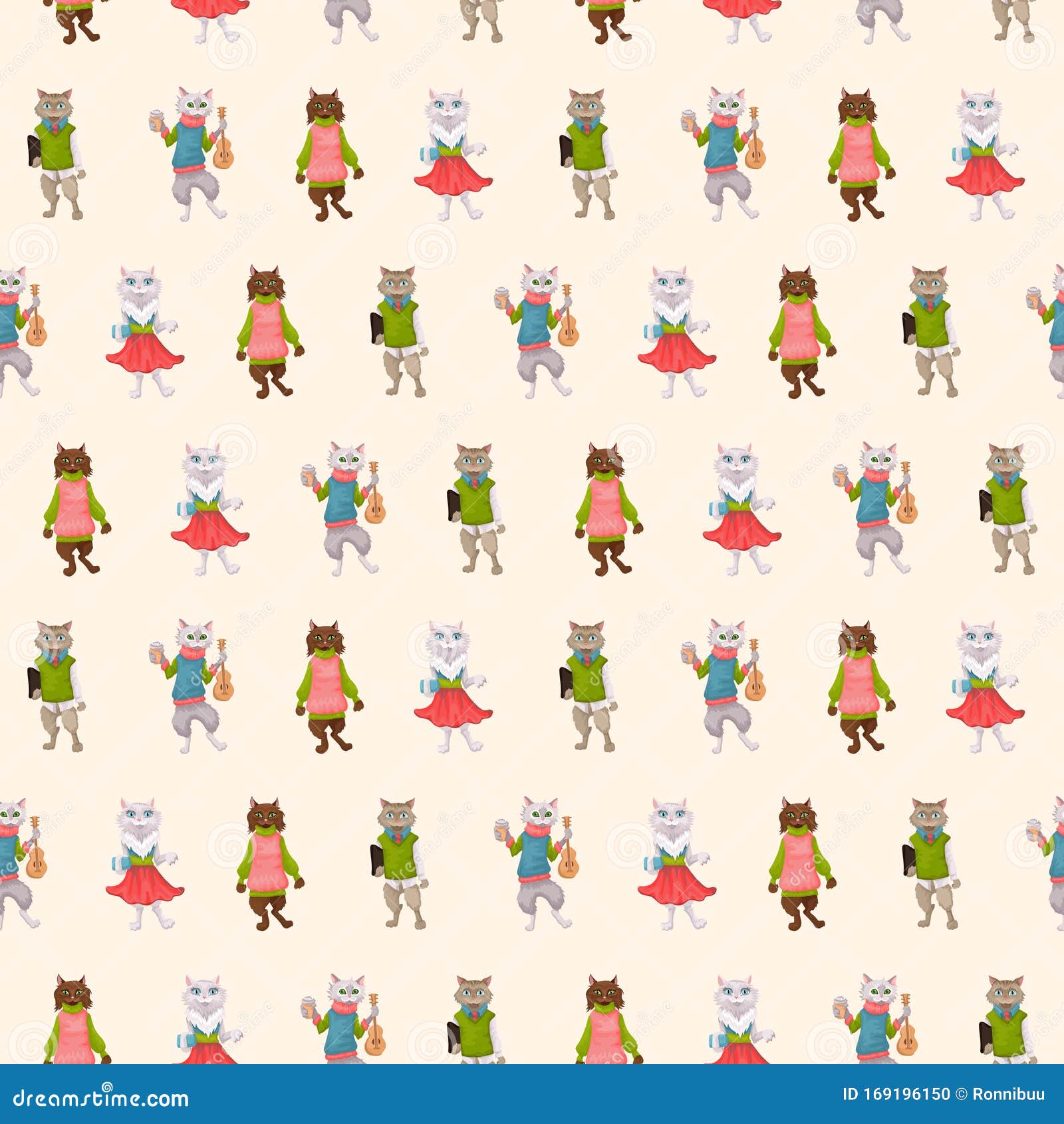 Seamless Pattern with Cats in Clothes. Vector Illustration Stock Vector ...