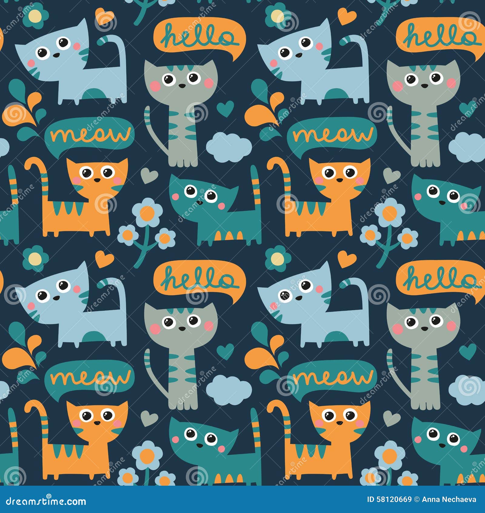 Seamless Pattern with Cats, Cloud, Hello and Meow Stock Vector ...