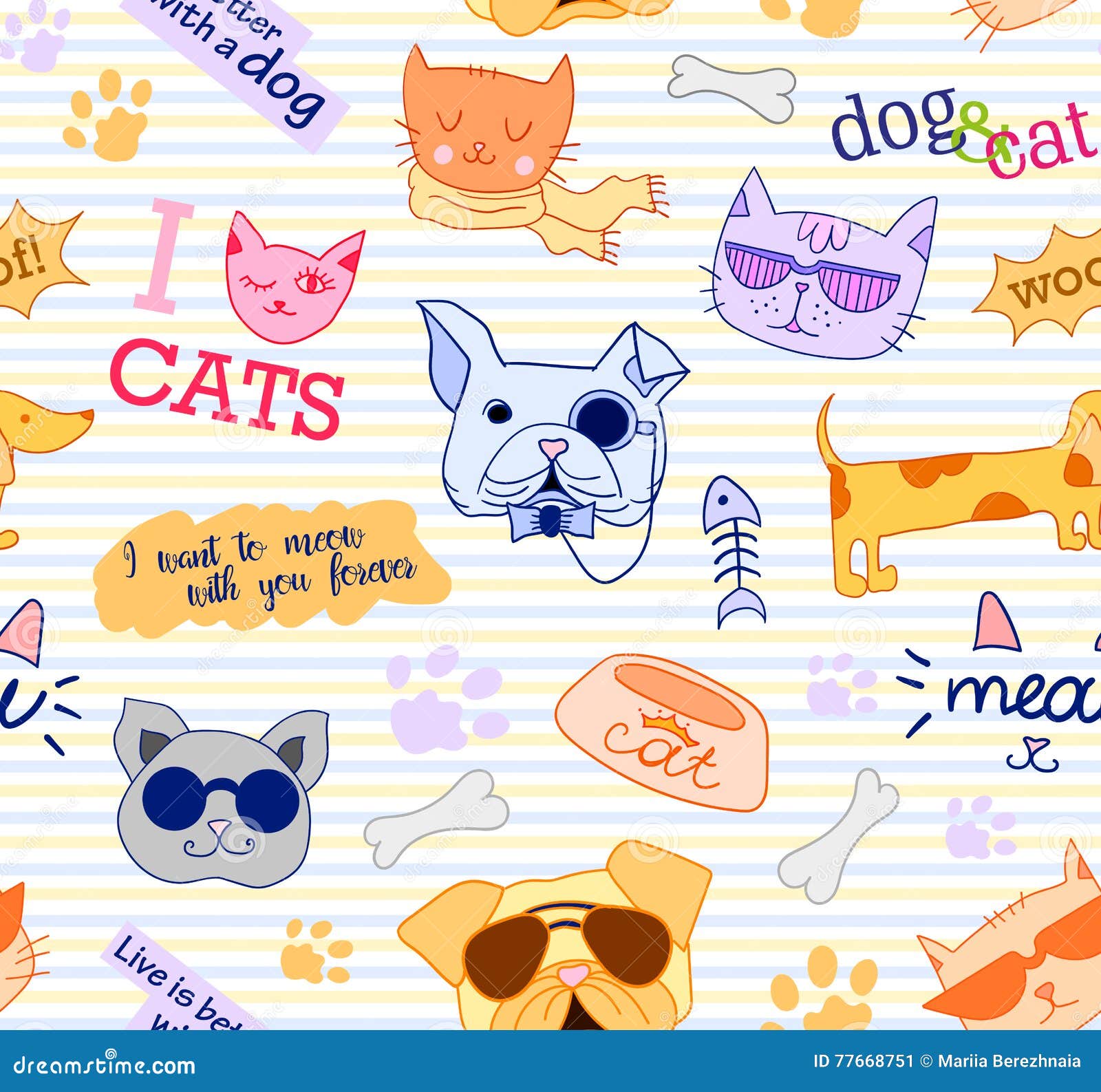 Seamless Pattern with Cats and Dogs. Funy, Beautiful, Cute. Vector ...