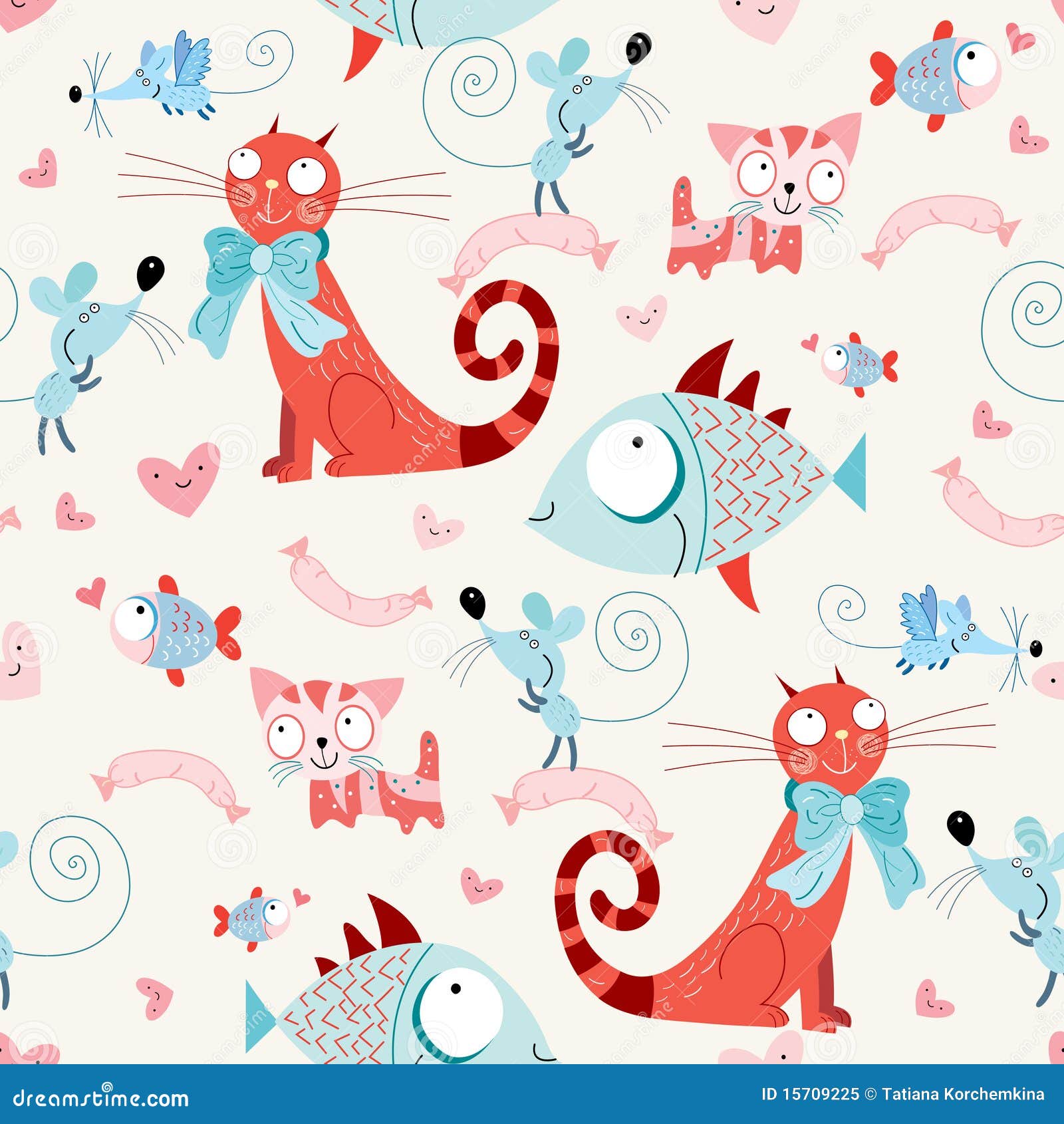 Seamless Pattern of the Cats and Fish with Mice Stock Vector ...