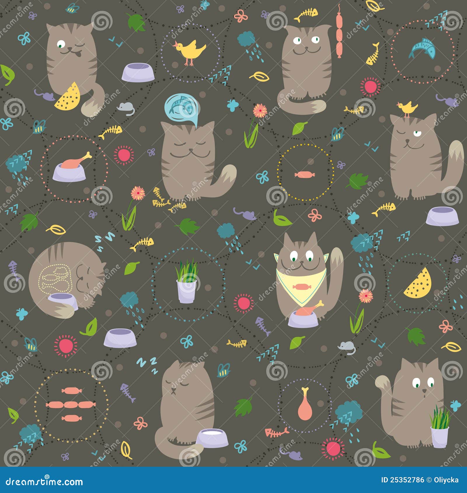 Seamless Pattern - Cats with Foods Stock Vector - Illustration of ...