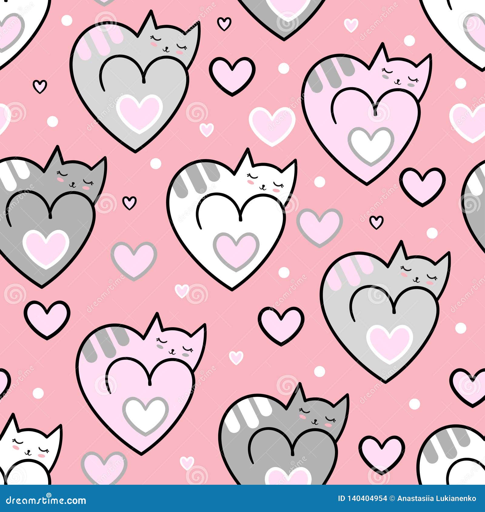 Seamless Pattern. Cats Hearts on a Pink Background. Vector Stock Vector ...