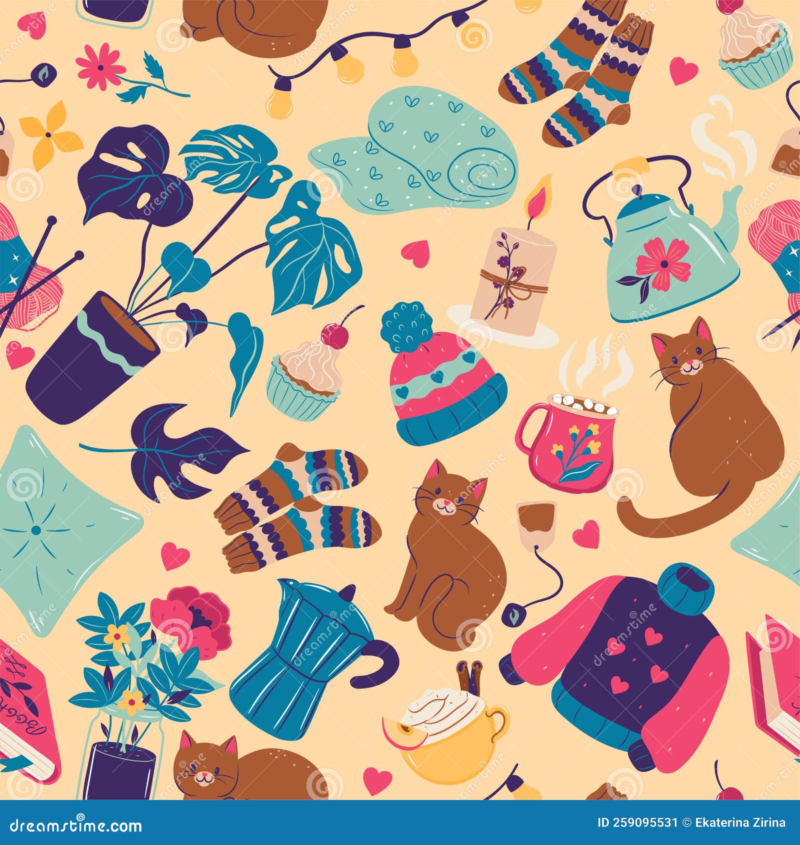 Seamless Pattern with Cats and Hygge Items. Vector Graphics Stock ...