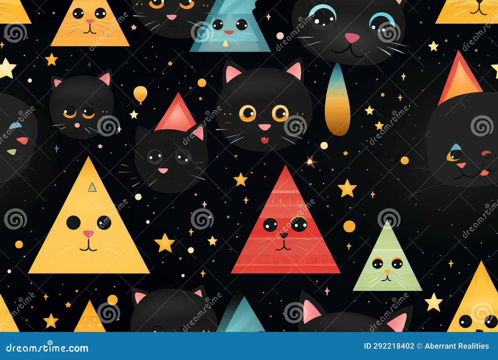 Seamless Pattern with Cats and Stars on a Black Background Stock ...