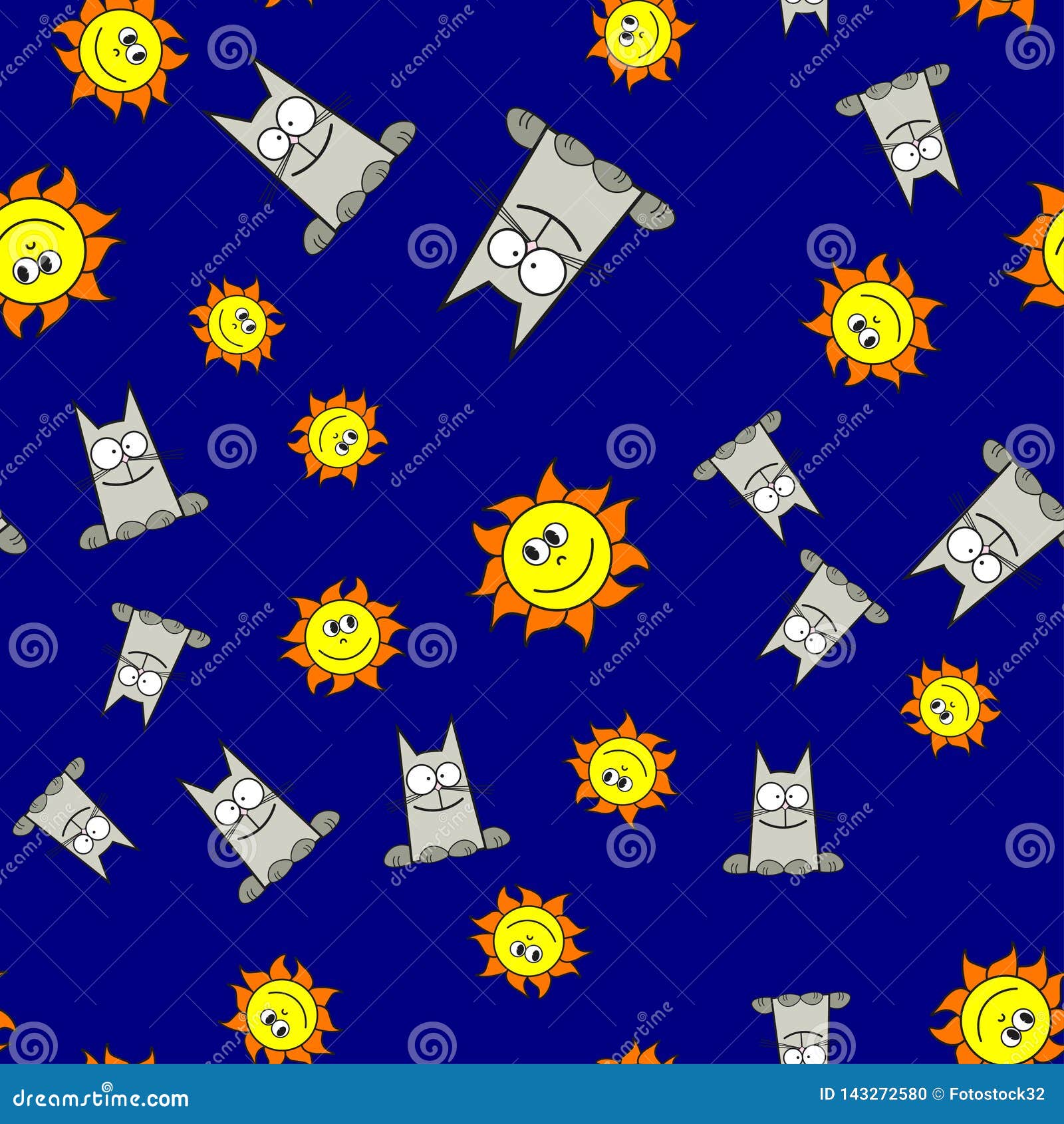 Seamless Pattern of Cats and Suns in Cartoon Style Stock Vector ...