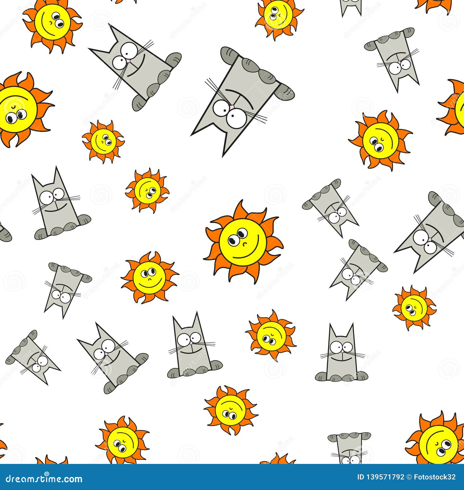 Seamless Pattern of Cats and Suns in Cartoon Style Stock Vector ...