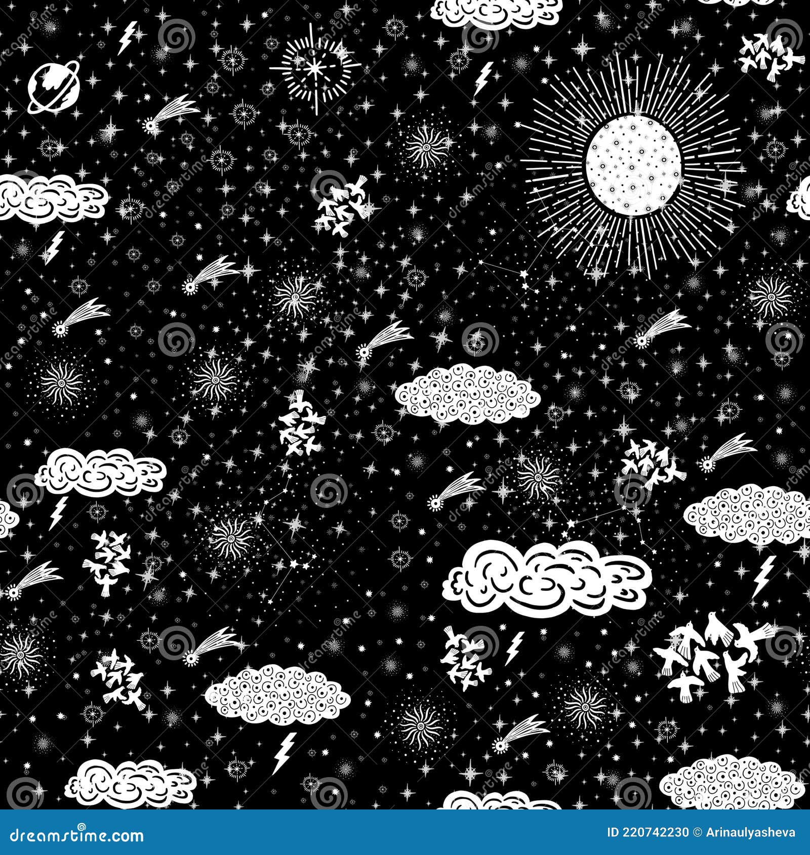 Pattern With A Celestial Theme, Featuring Stars, Moons, And Other ...