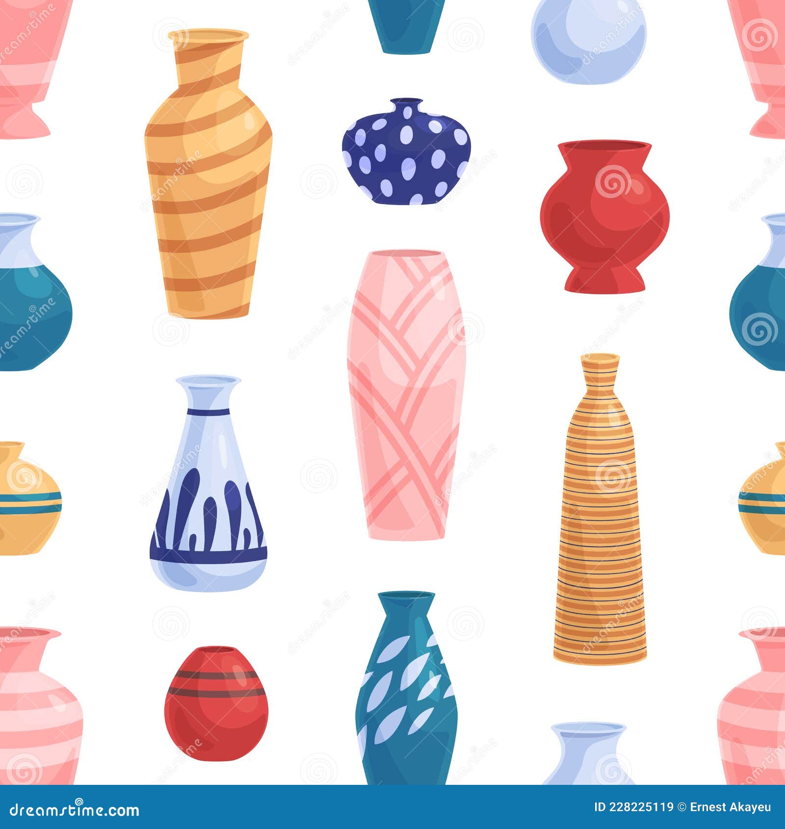 Seamless Pattern with Ceramic and Porcelain Vases on White Background ...