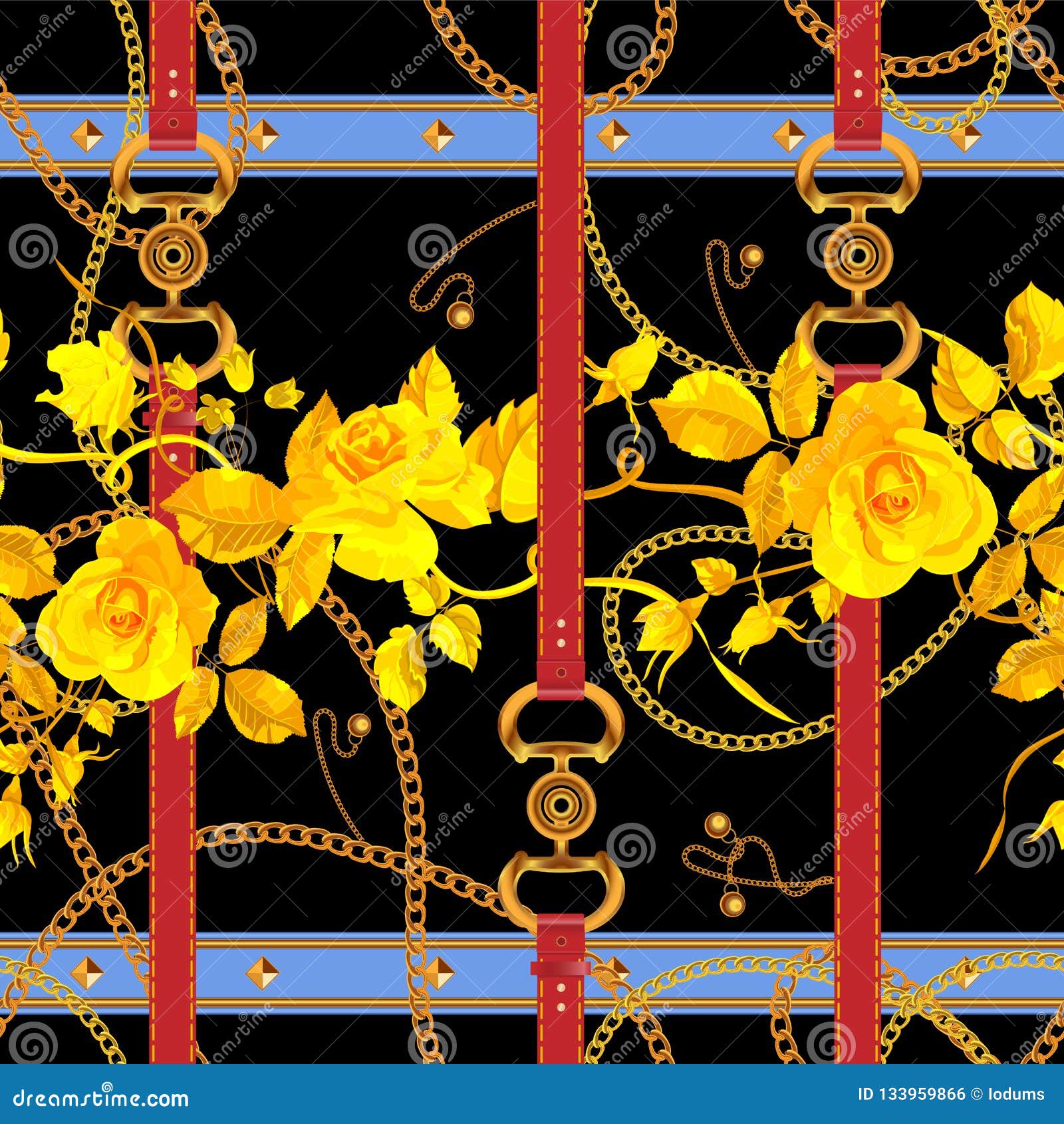 Seamless Pattern with Chains, Belts and Roses. Vector Floral Patch for ...