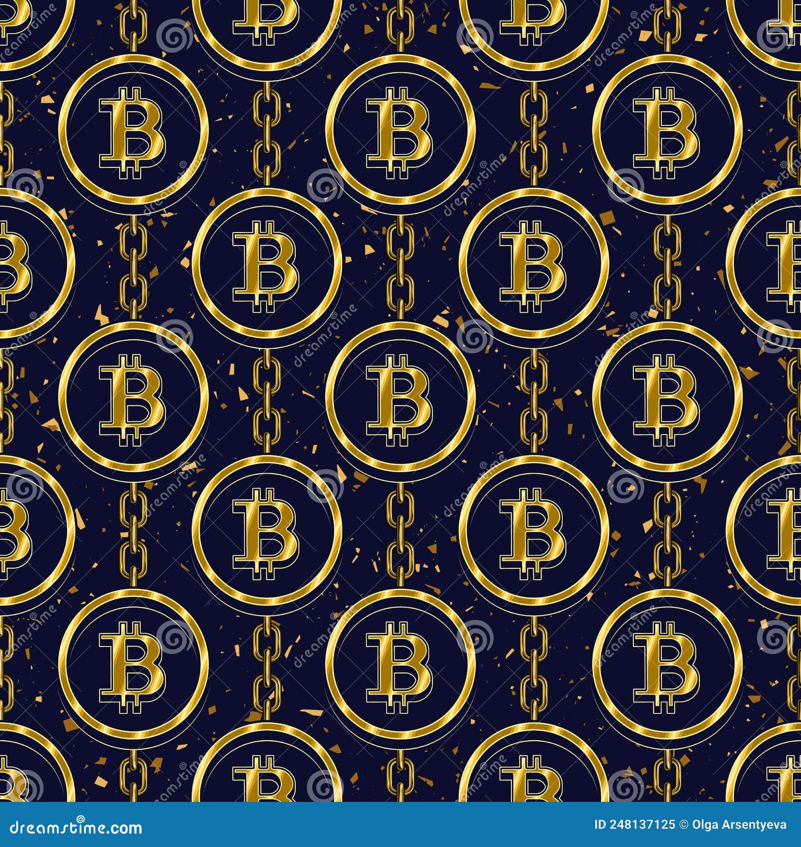Seamless Pattern with Chains, Gold Bitcoin Symbols in Round Frame on a ...