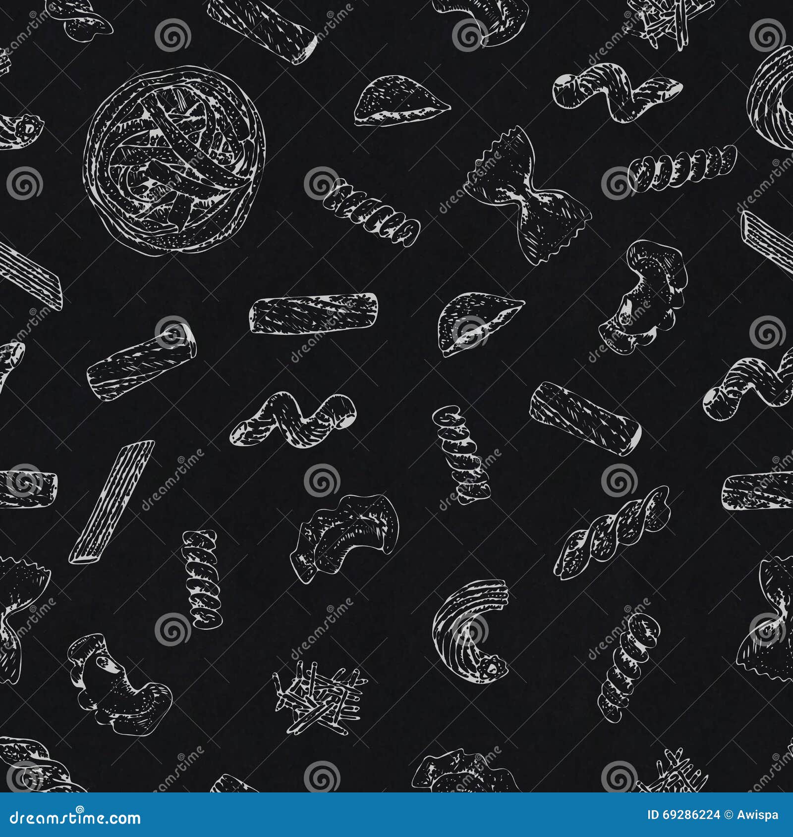 Seamless Pattern with Chalk Pasta Variations on Blackboard Background ...