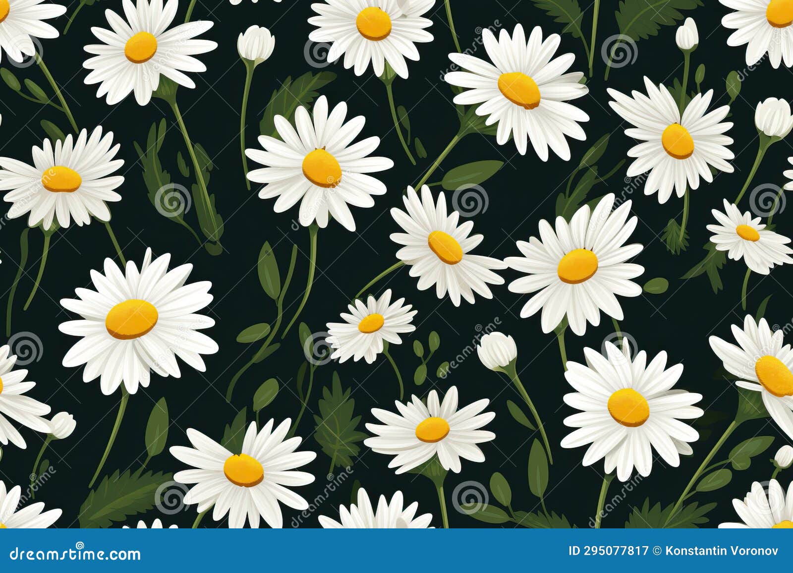 Seamless Pattern of Chamomile Flowers on Dark Backdrop, Herbal Theme. Stock Illustration ...