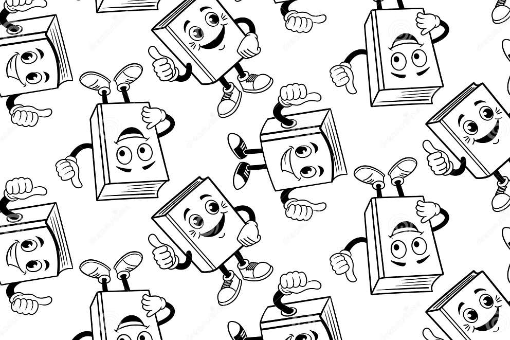 Seamless Pattern of Cheerful Book Mascots in Monochrome, for School ...