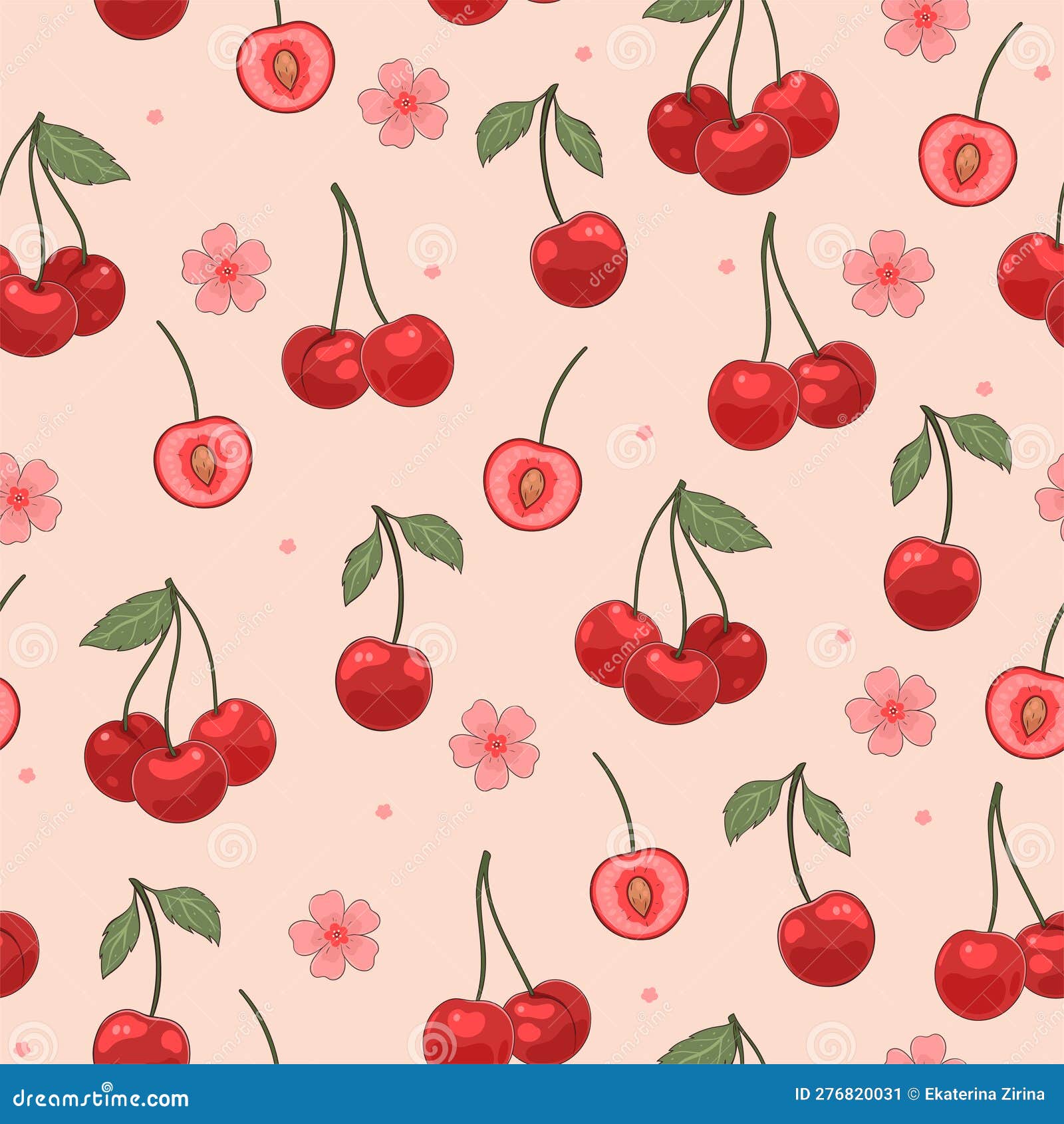 Seamless Pattern with Cherries and Flowers. Vector Graphics Stock ...