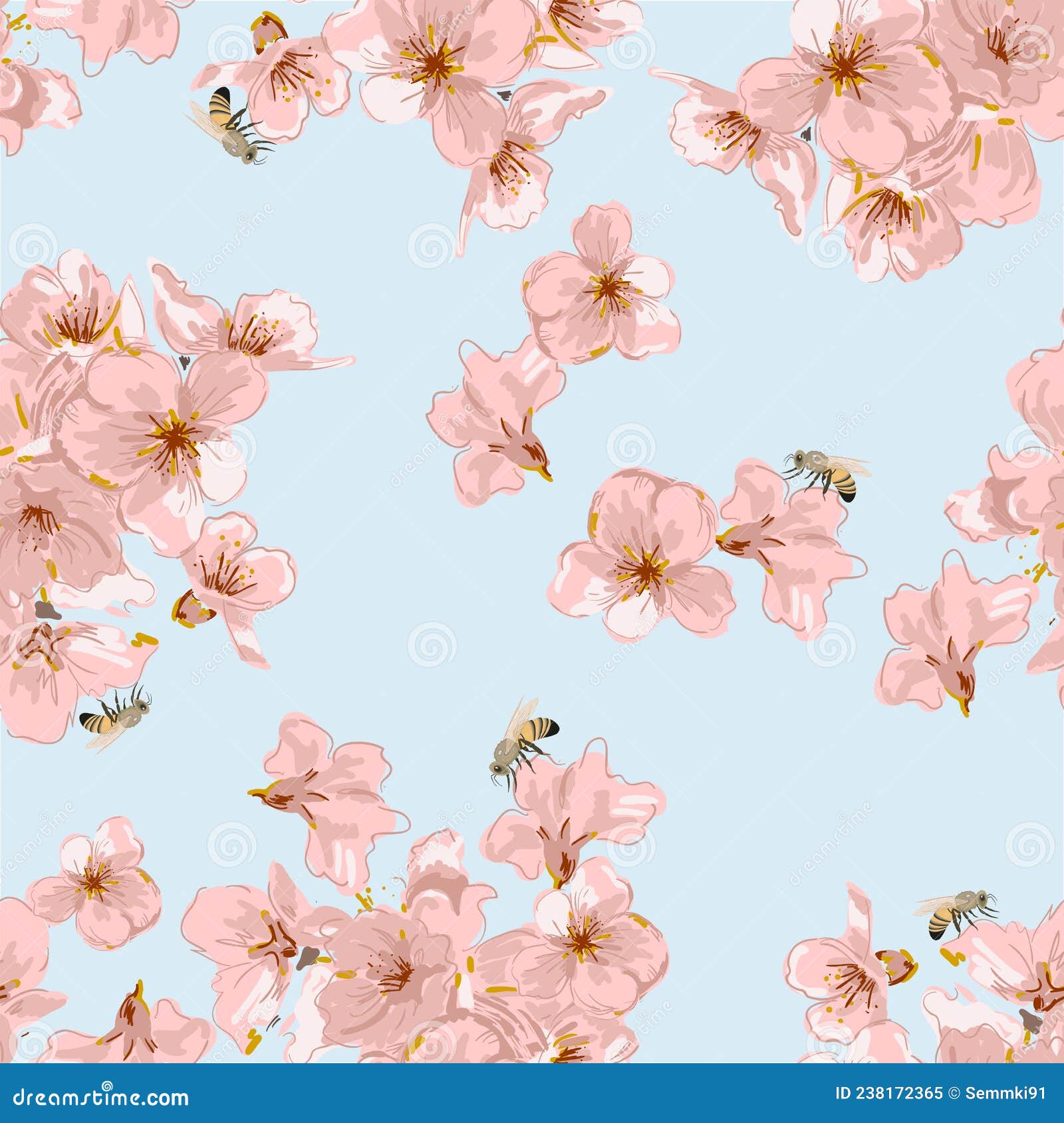 Seamless Pattern of Cherry Blossoms and Bees.Spring Vector Wallpaper ...