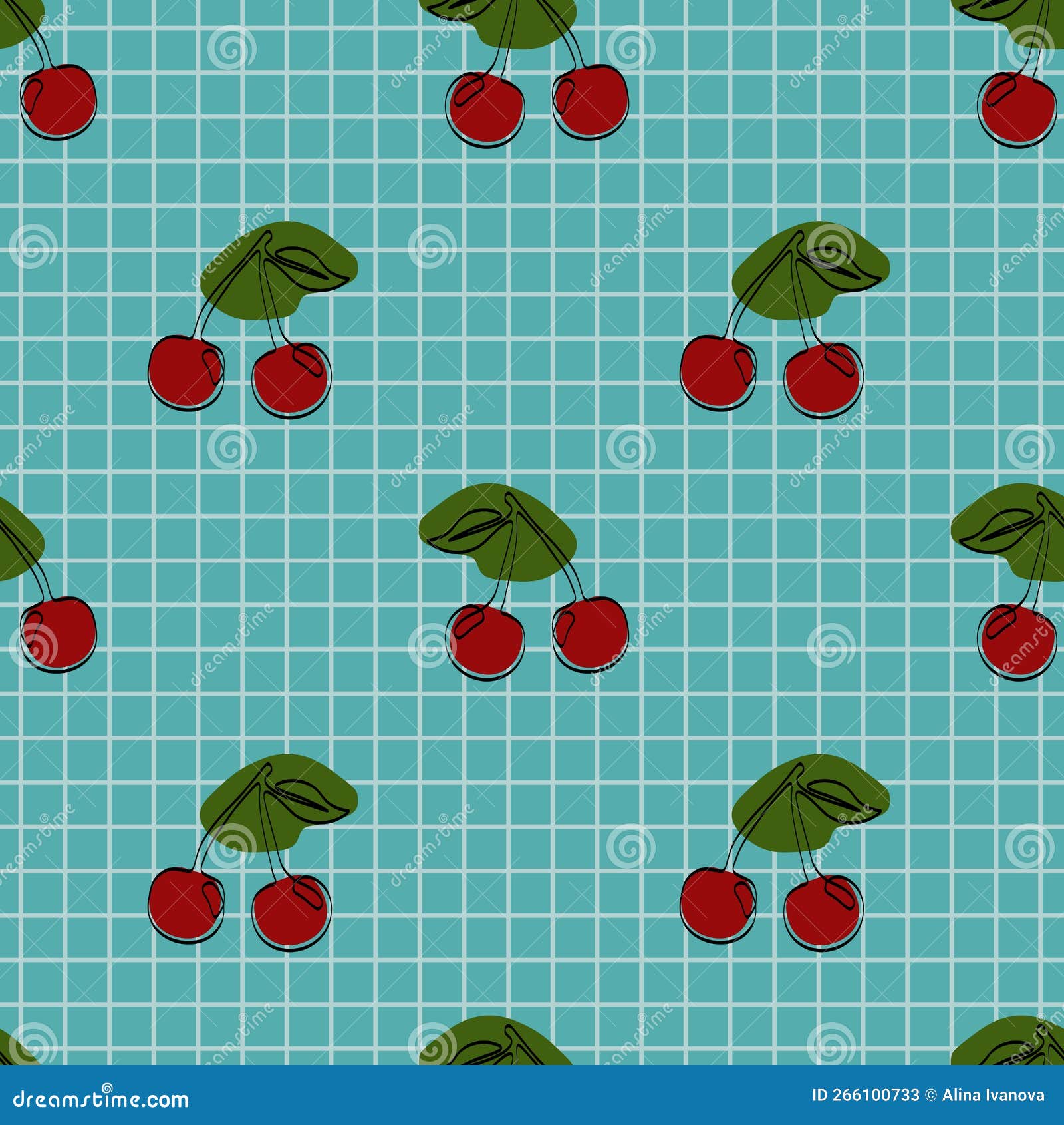 Seamless Pattern With Cherry On Blue Background Continuous One Line