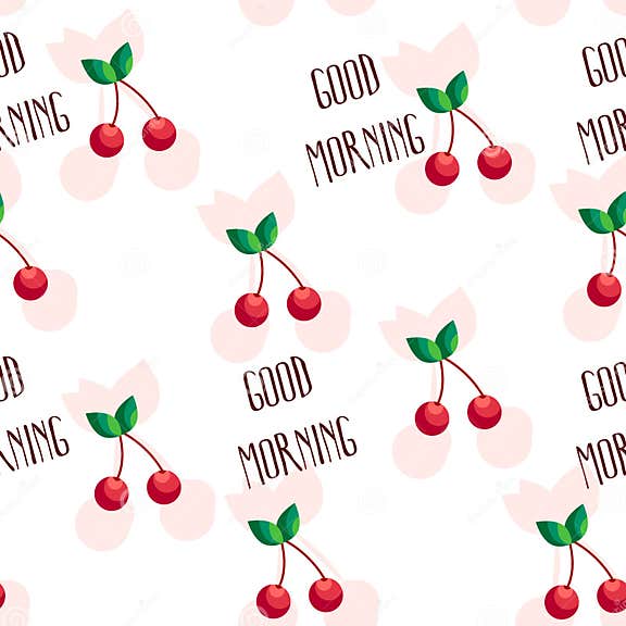 Seamless Pattern with Cherry in Flat Style and Text on White Background ...