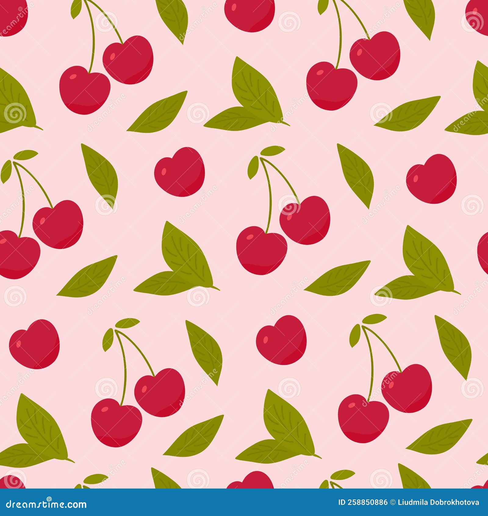 Cute Pattern of Cherry Fruit with Green Leaves Stock Vector ...