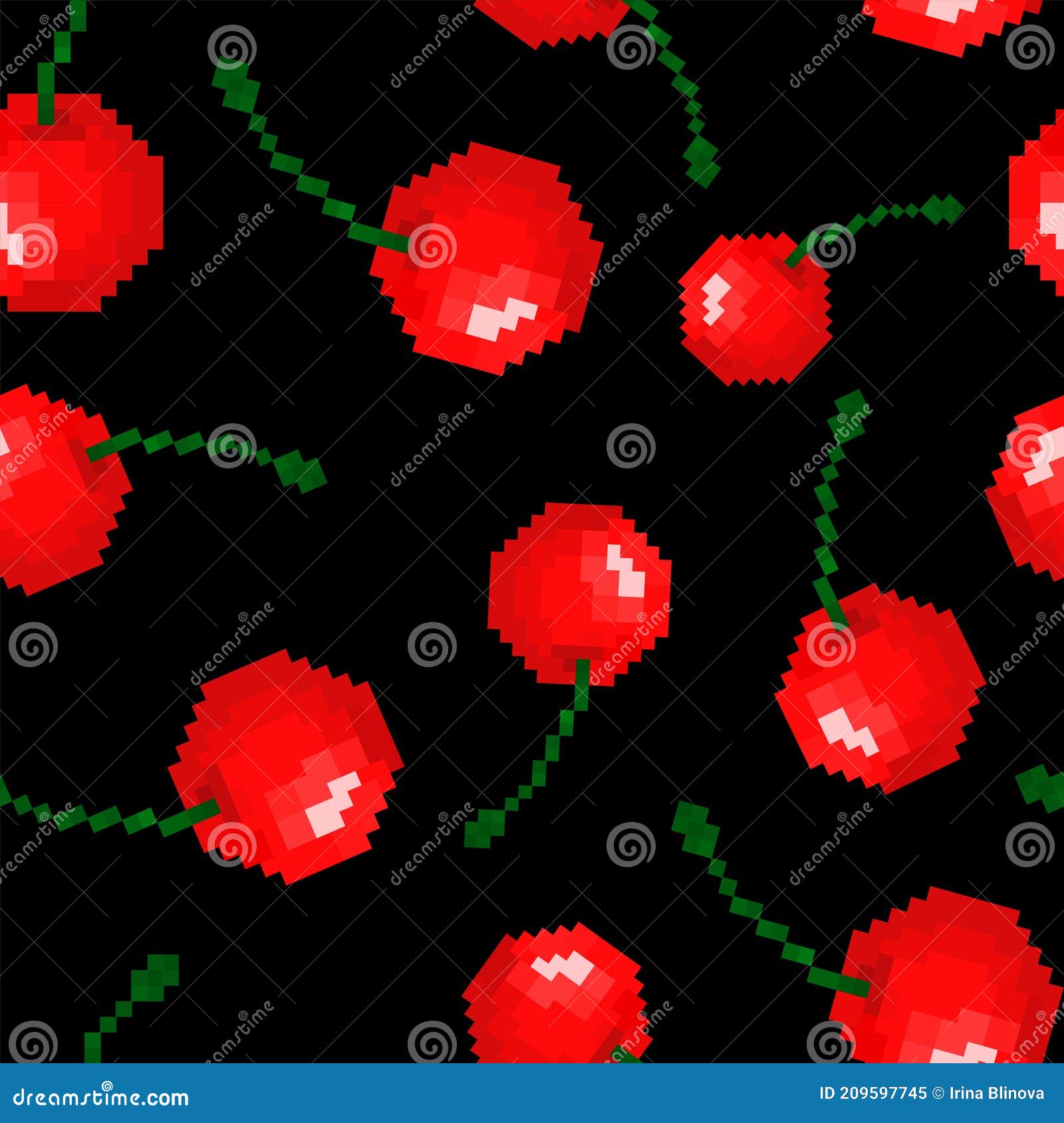 Seamless Pattern Cherry Pixels on a Black Background Stock Illustration ...