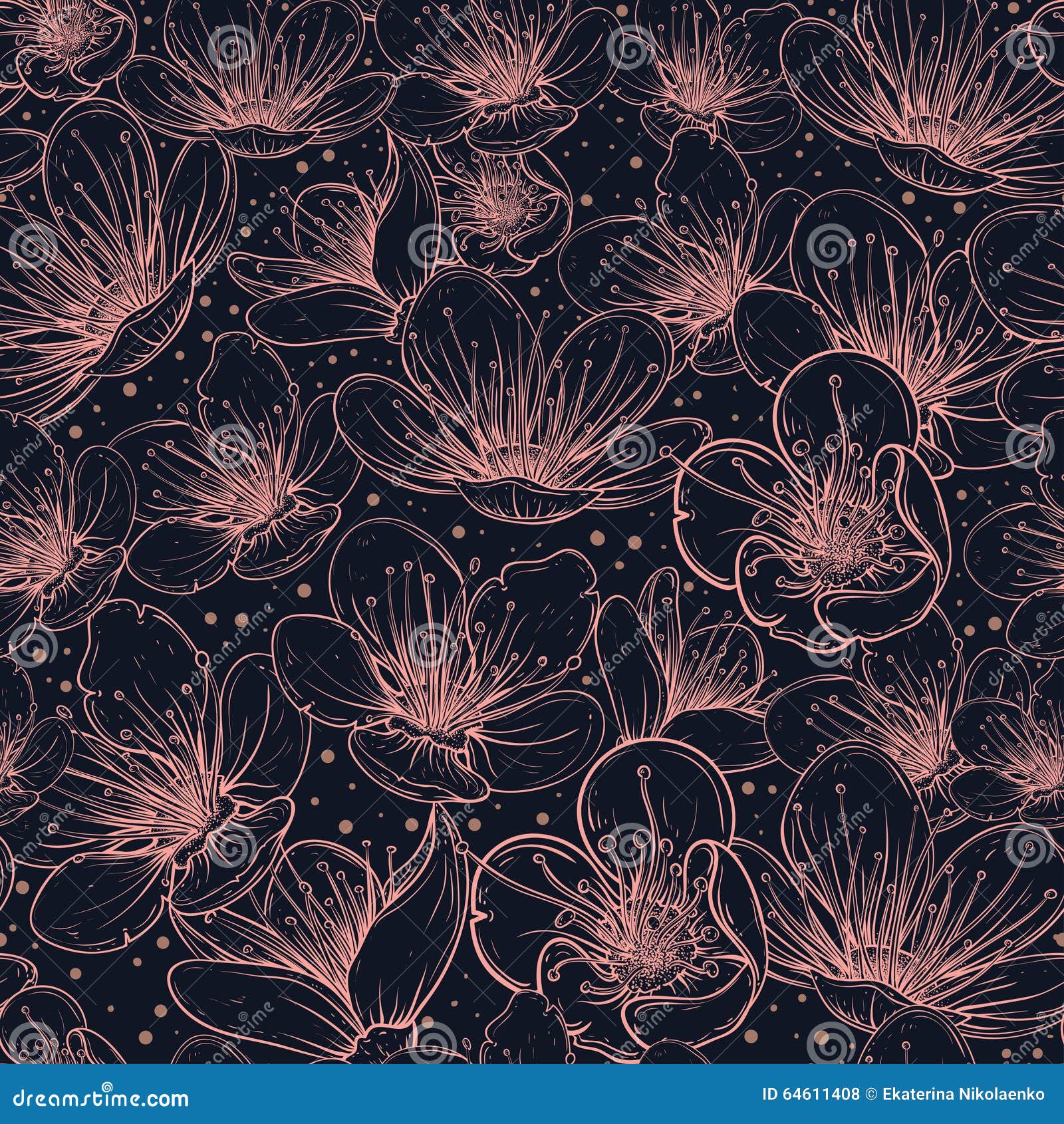 Seamless Pattern with Cherry Tree Blossom. Vintage Hand Drawn Vector ...