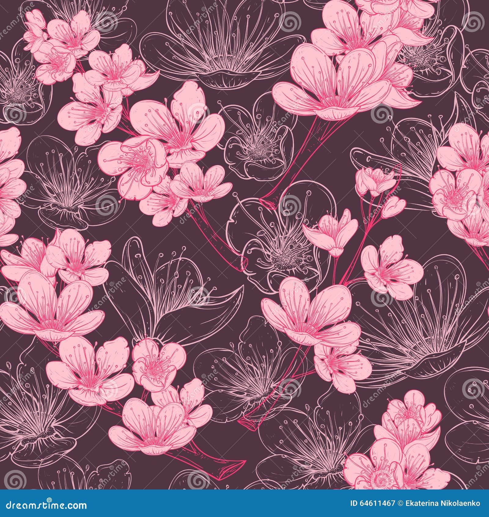 Seamless Pattern with Cherry Tree Blossom. Vintage Hand Drawn Vector ...