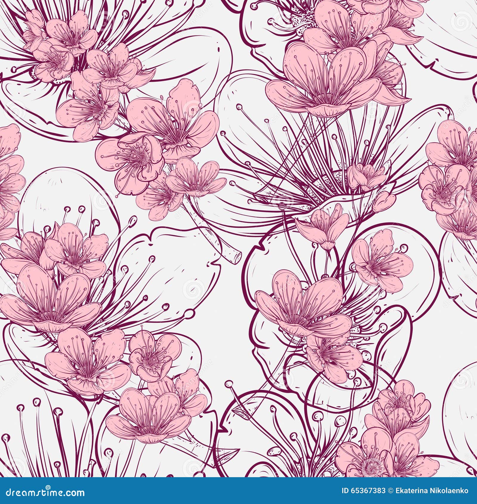 Seamless Pattern with Cherry Tree Blossom. Vintage Hand Drawn Vector ...