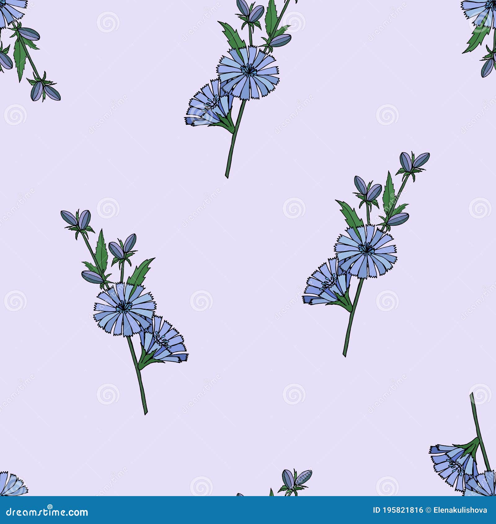Seamless Pattern of Chicory Branches with Blue Flowers on a Light Lilac ...