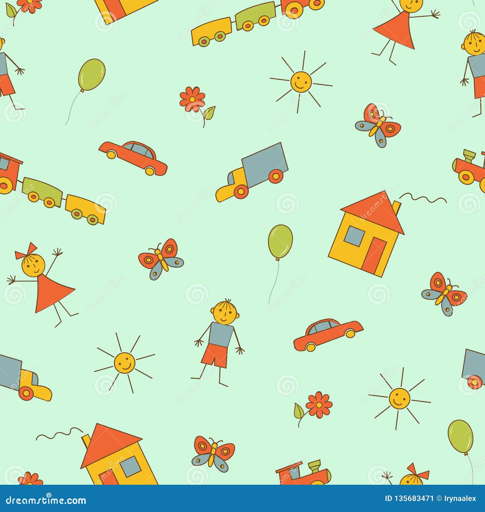 Seamless Pattern with Children`s Drawings on a Blue Background Stock ...