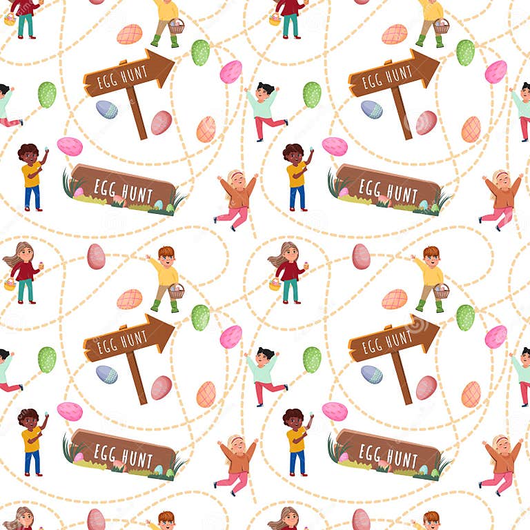 Seamless Pattern with Children Searching for Easter Eggs, Dashed Lines ...
