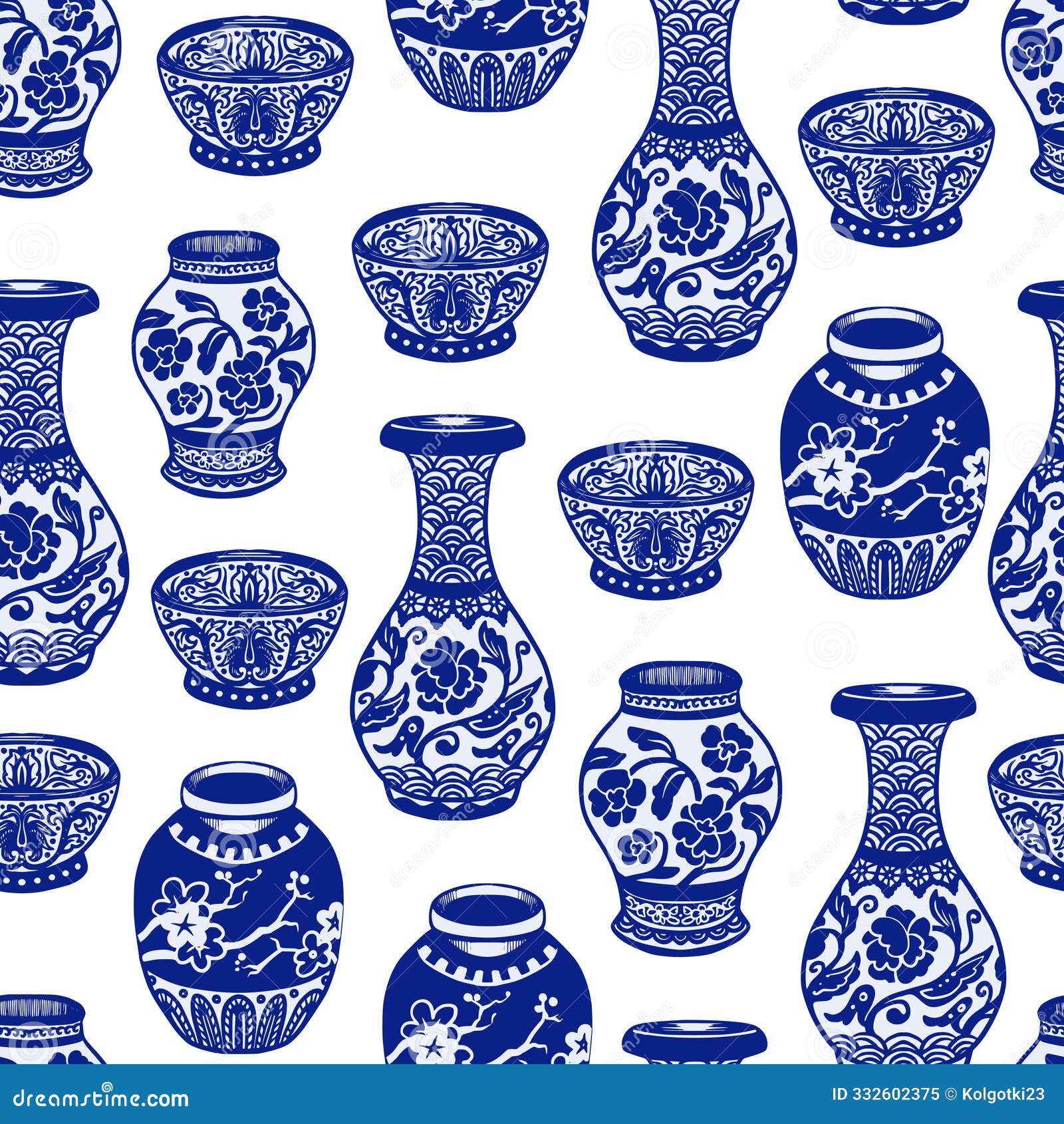 Seamless Pattern with Chinese Blue Vases. Vector. Stock Illustration ...