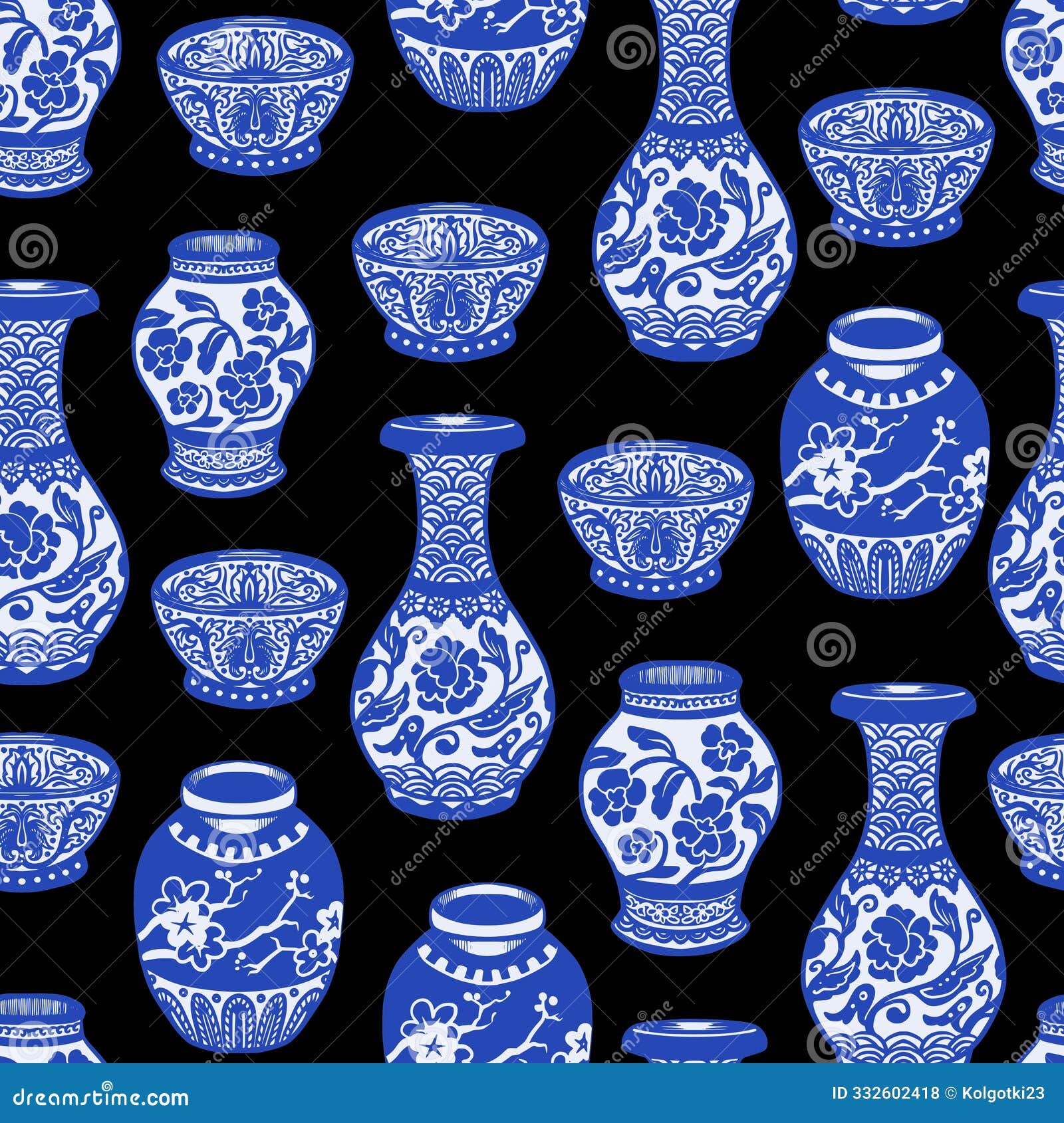 Seamless Pattern with Chinese Blue Vases. Vector. Stock Illustration ...
